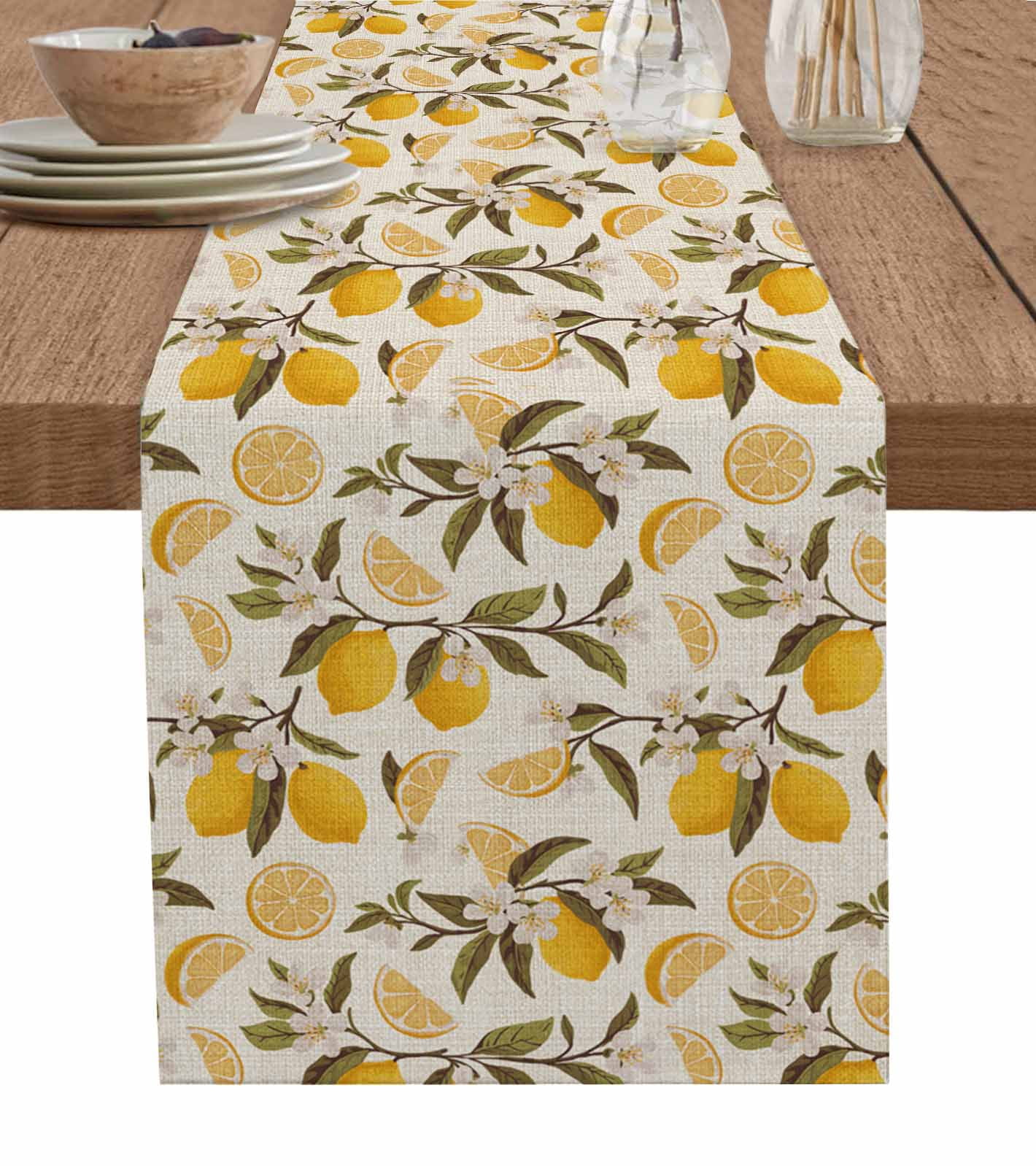 Vintage Summer Lemon Table Runner 70 Inches, Green Leaves White Floral ...
