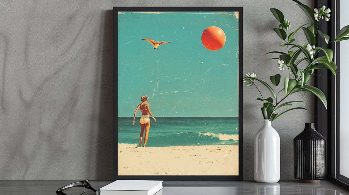 Vintage Summer Vibes Retro Beach Scene Art Print, Woman, Seagull, And ...