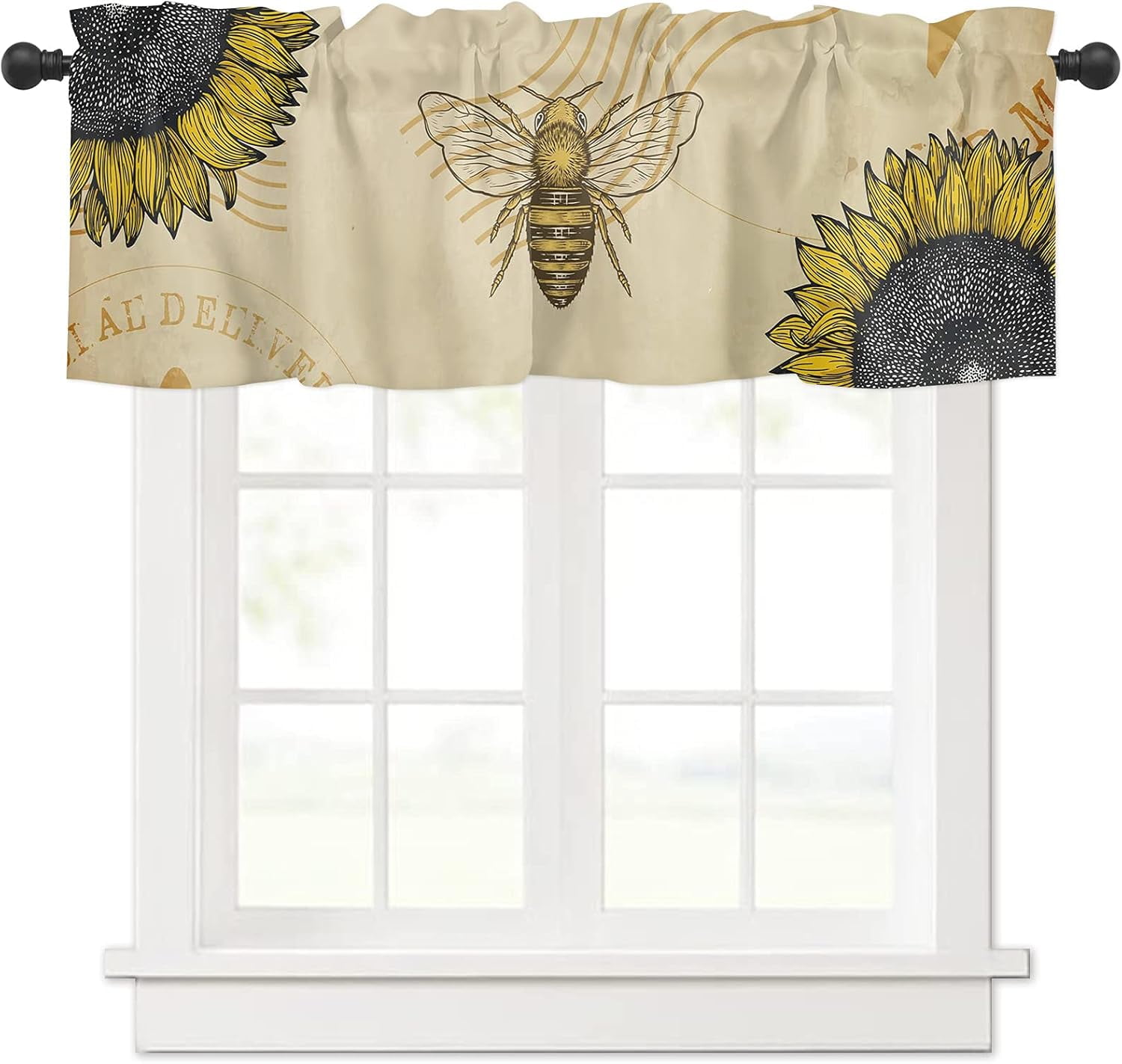 Vintage Sunflower Bee Valance Curtains for Kitchen Window,Summer Rod ...