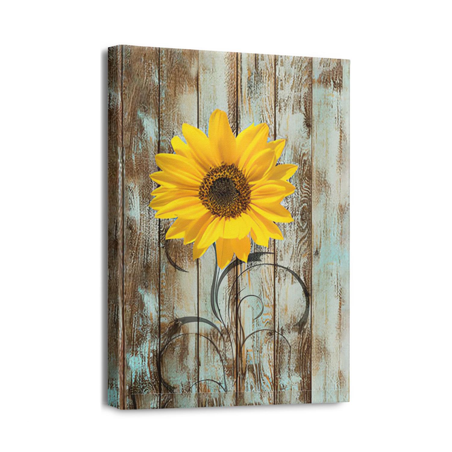 Vintage Sunflower Faded Wood Grain Background Wall Art Bathroom ...