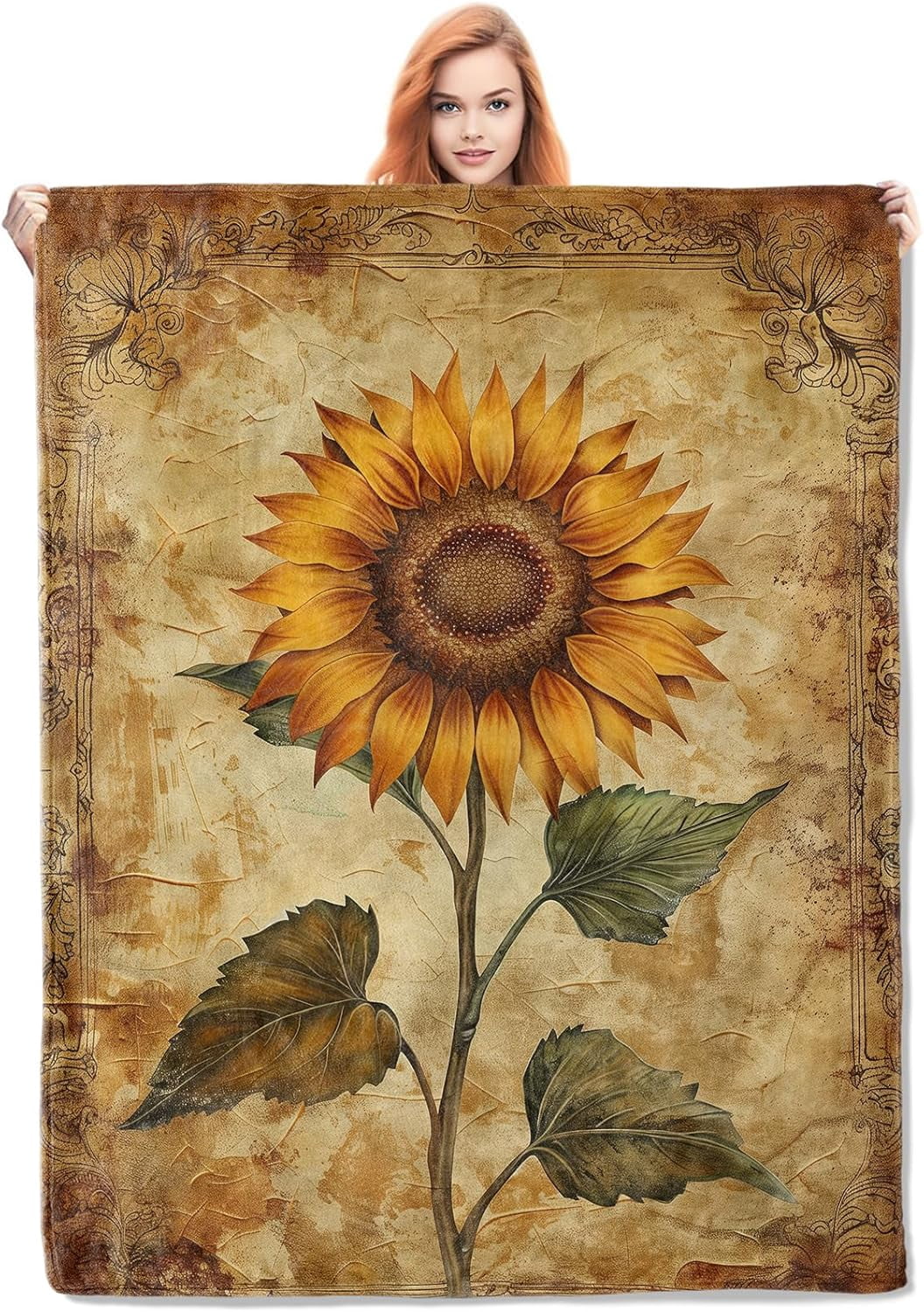 Vintage Sunflower Fleece Blanket Gifts, Classic Floral Art Design, Cozy ...