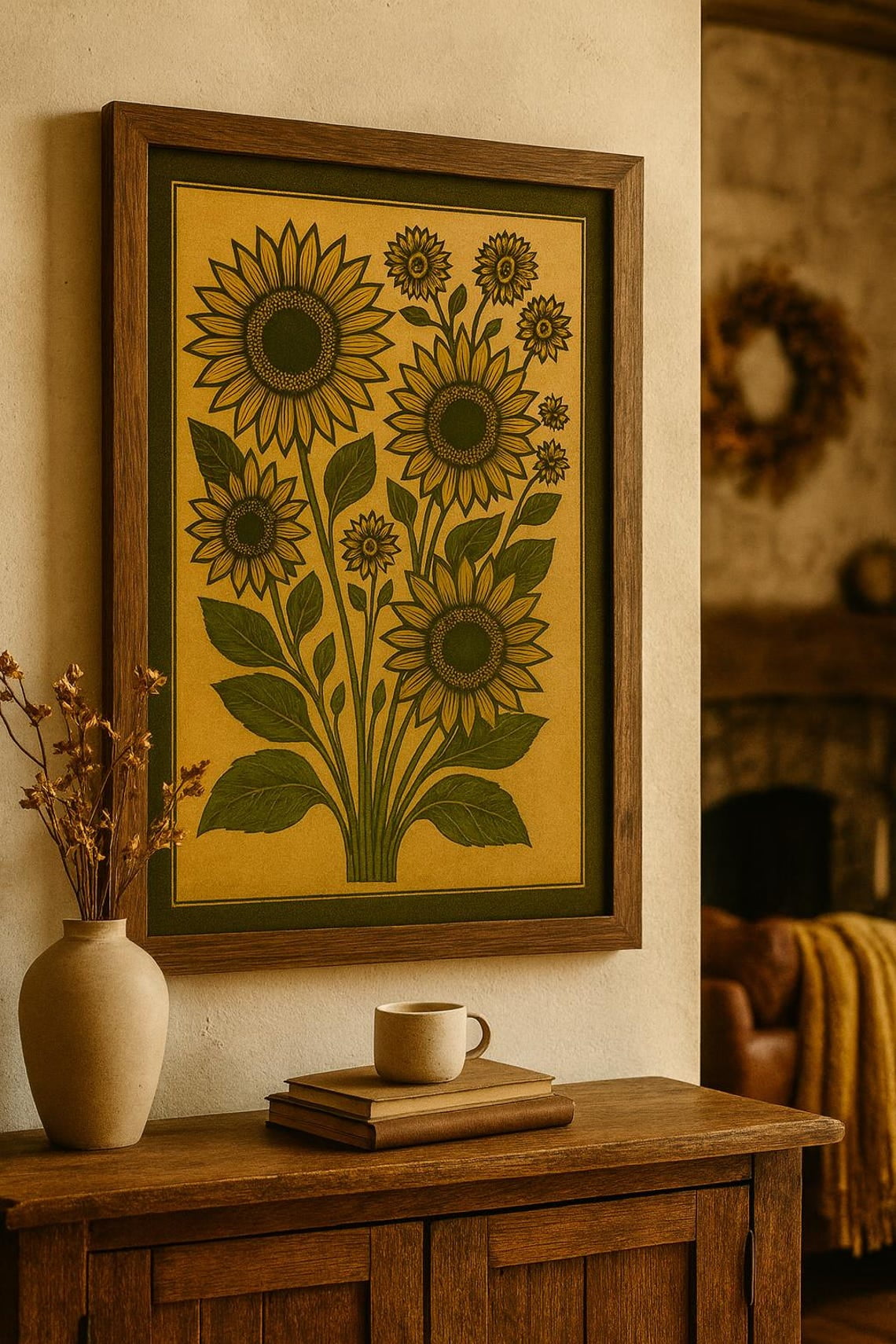 Vintage Sunflower Linocut Print Rustic Botanical Folk Art Wall Decor ...