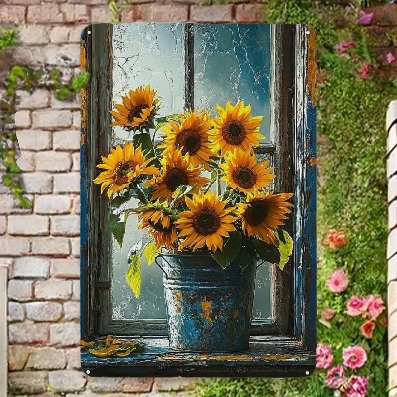 Vintage Sunflower Metal Tin Sign - Rustic Farmhouse Wall Decor with ...