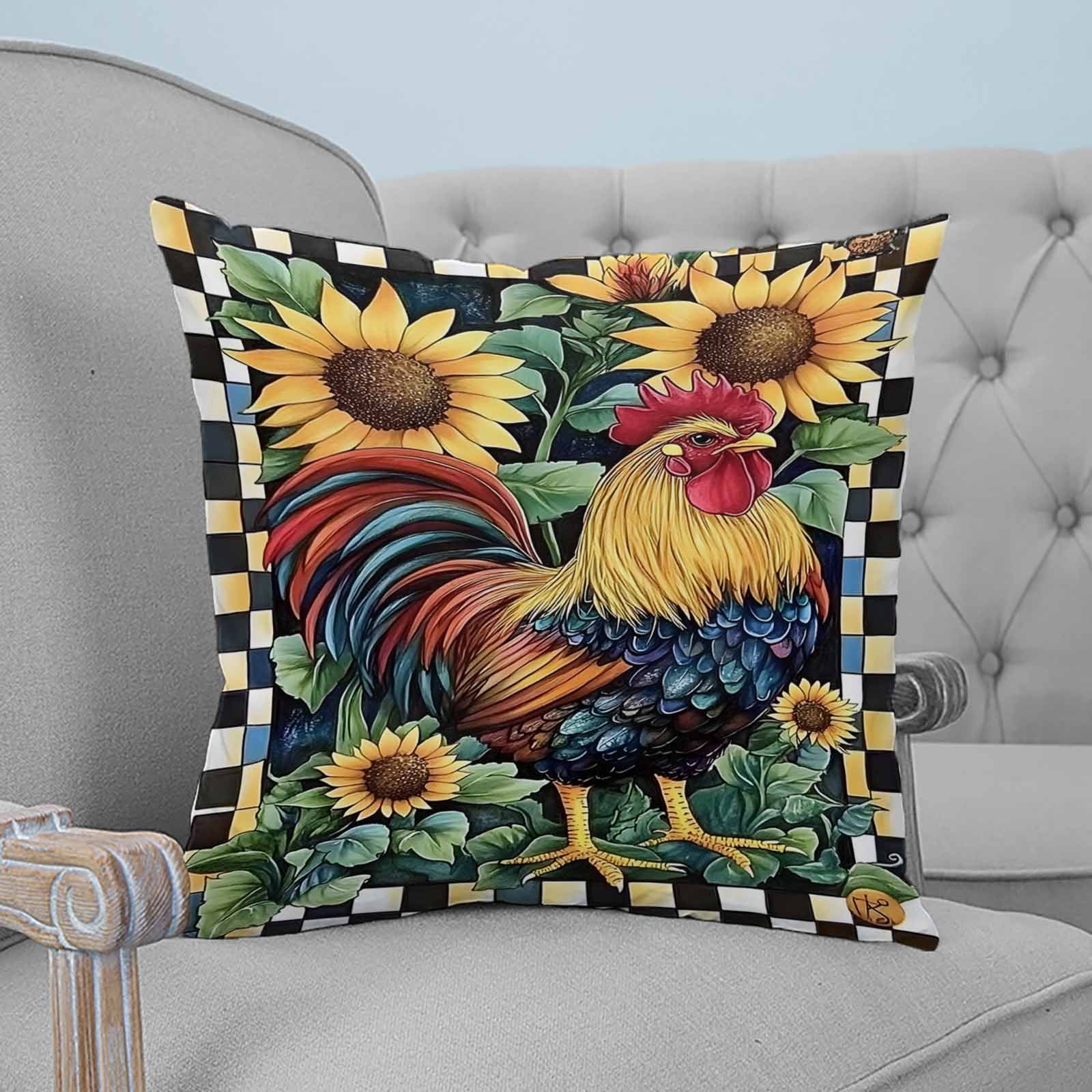 Vintage Sunflower Rooster Decorative Pillowcase 20''x20'', Farmhouse Watercolor Plaid Throw ...