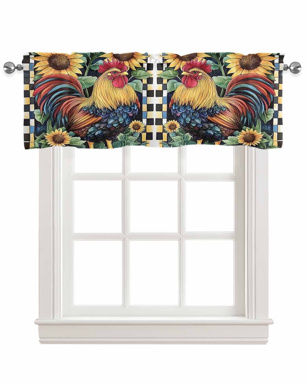 Vintage Sunflower Rooster Kitchen Valances for Windows Farmhouse Linen ...