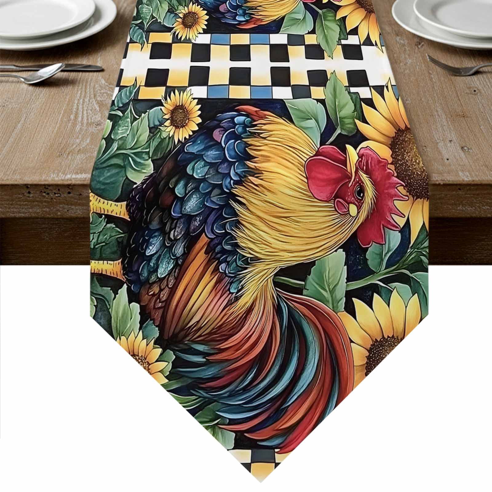 Vintage Sunflower Rooster Table Runner Linen Burlap Table Runner 70 ...