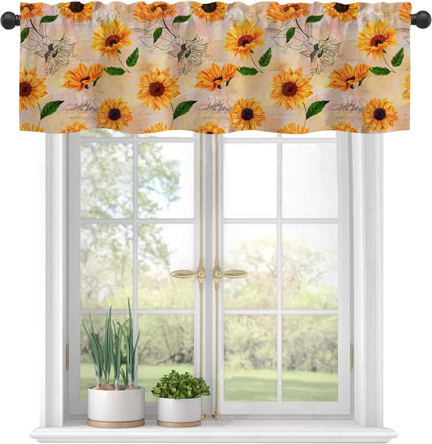 Vintage Sunflower Semi-Sheer Curtain Valance, Rod Pocket, 54"x18", Fits ...