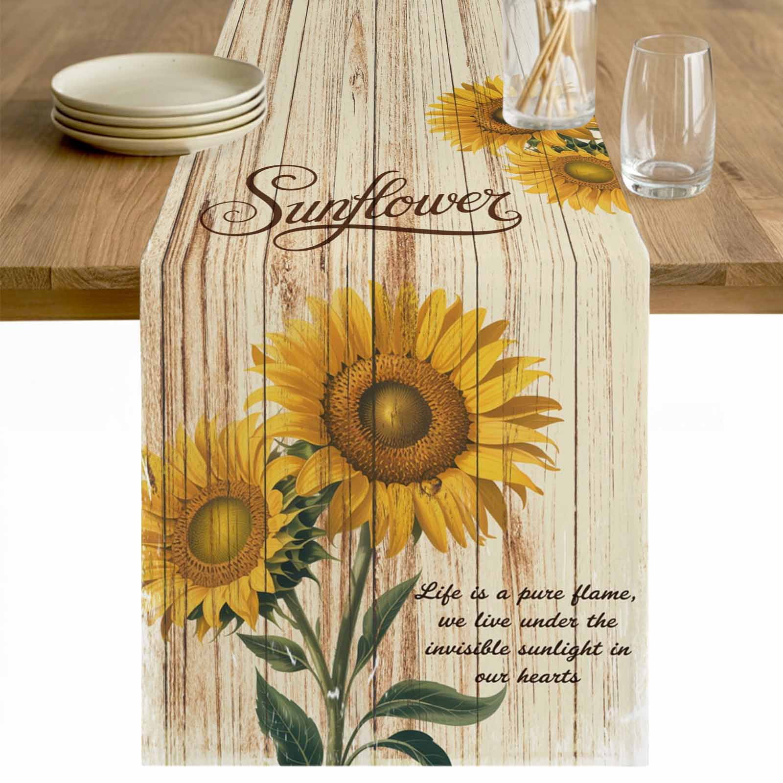 Vintage Sunflower Table Runner - 60 Inch Long Flowers Botanical Wooden ...