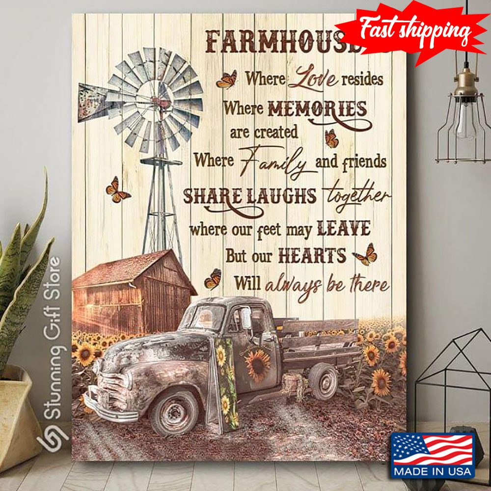 Vintage Sunflower Truck & Monarch Butterflies On Farm Farmhouse Is ...