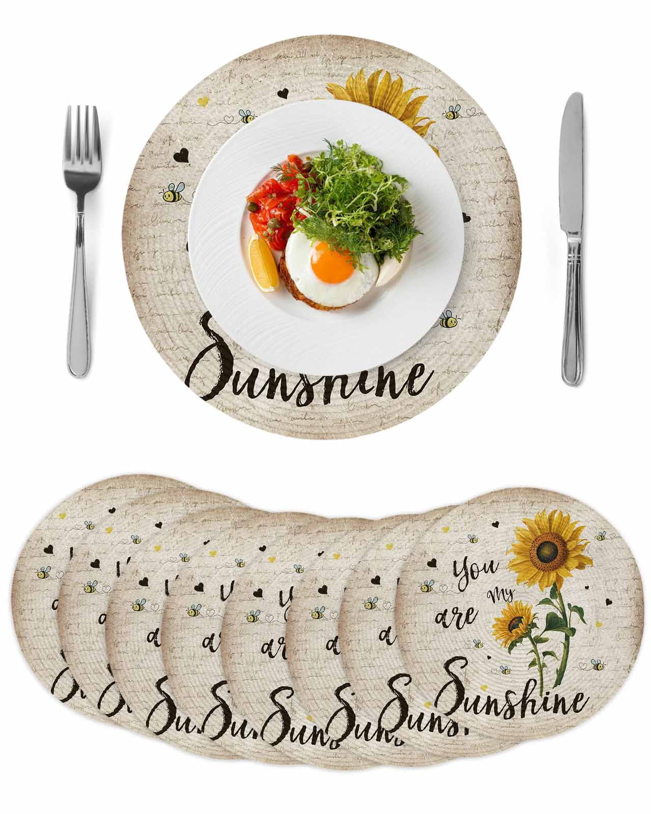 Vintage Sunflowers Bee Round Table Placemats set of 8, You Are My ...