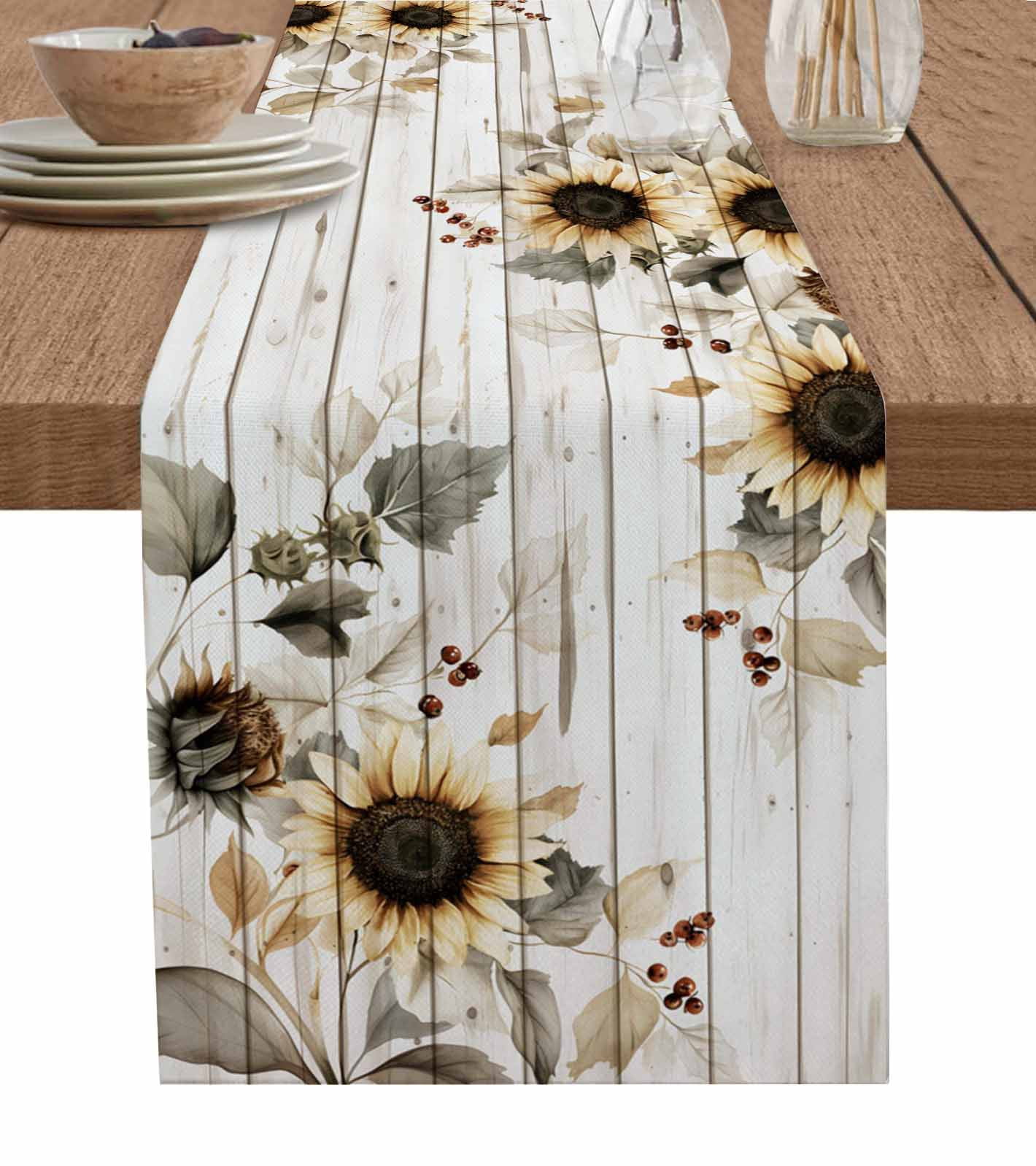 Vintage Sunflowers Table Runner 72 Inches, Farmhouse Flowers Wooden ...