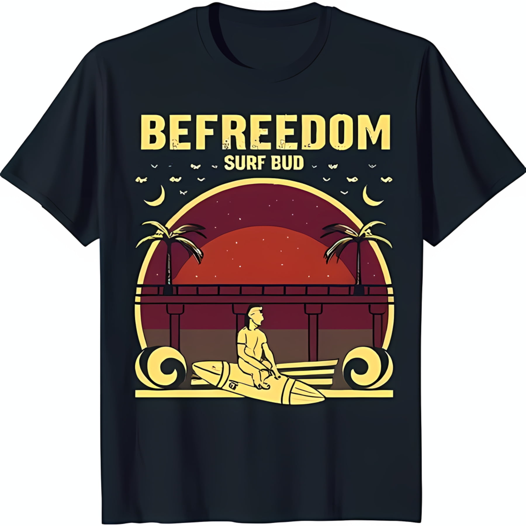 Vintage Surfing T-Shirt 'Be Freedom Surf Bud' with Surfer Sunset ...