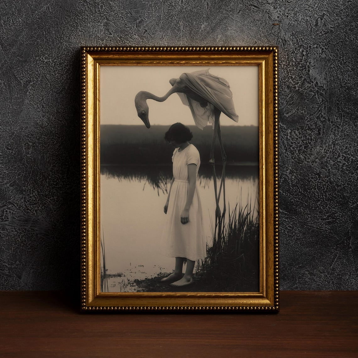Vintage Surreal Girl And Giant Flamingo,Dark Surrealism Poster ...