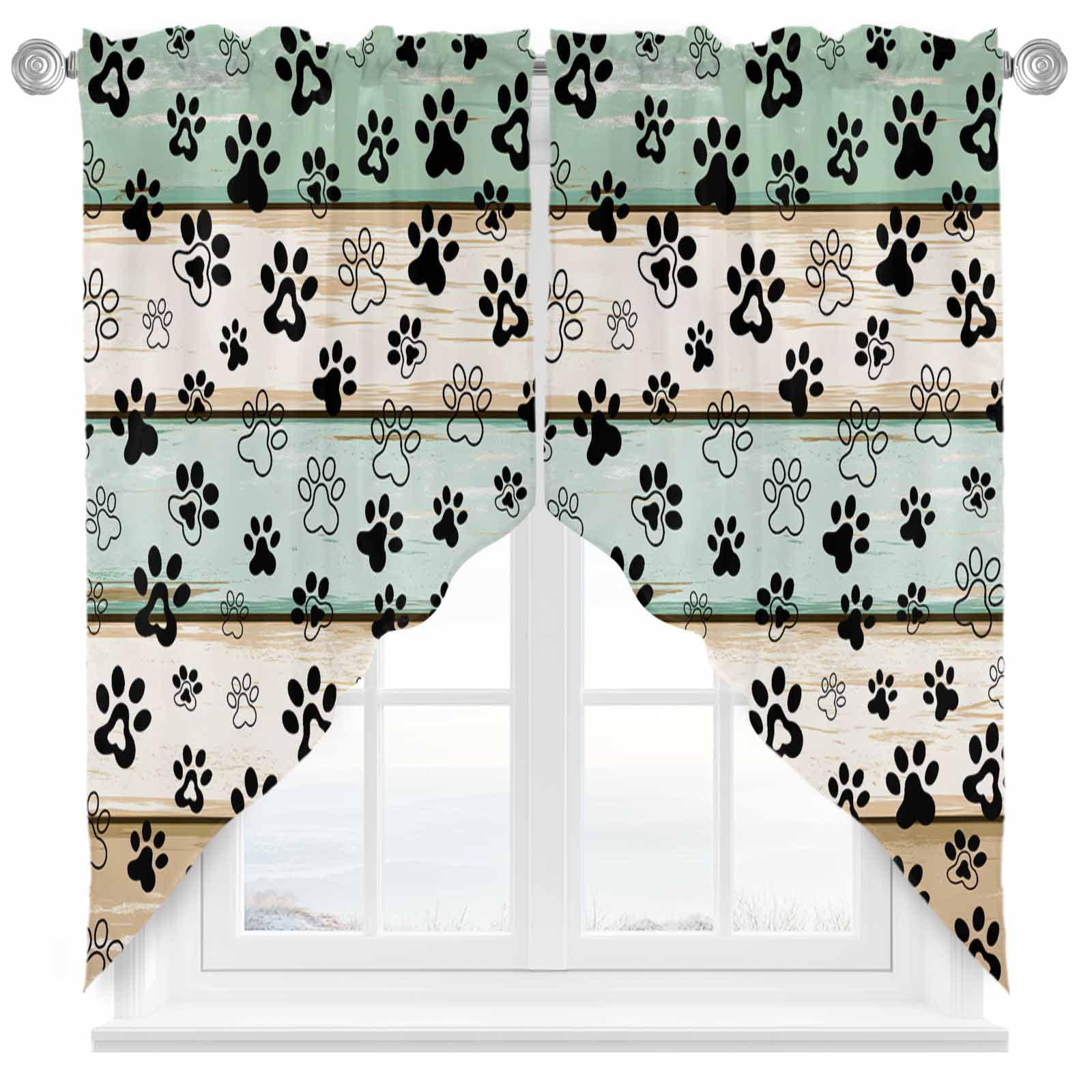 Vintage Swag Curtain Valance for Windows, Farmhouse Dog Paws Wood Grain ...