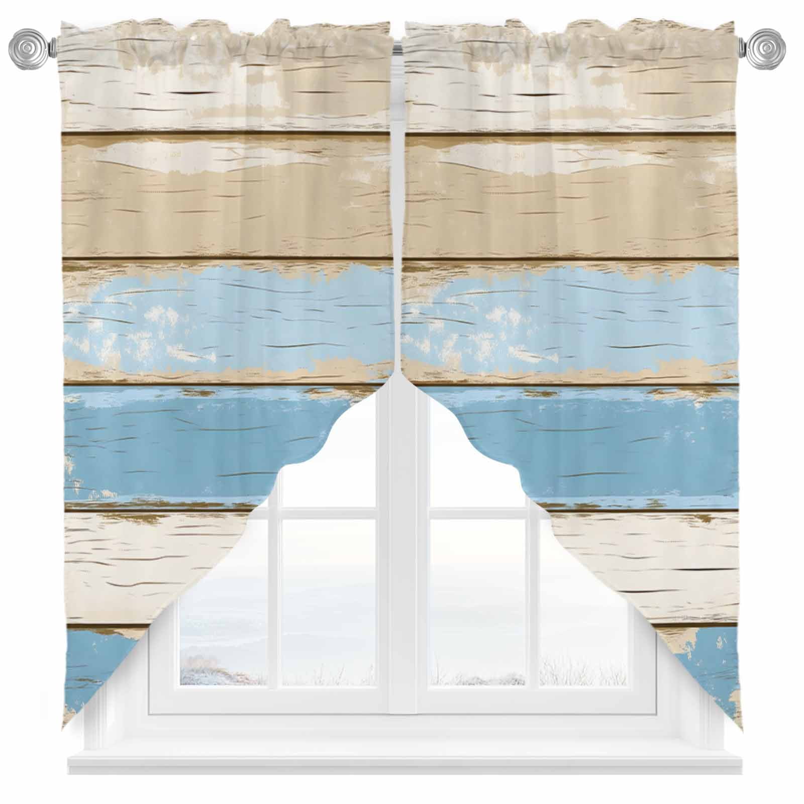 Vintage Swag Valances for Windows 2 Pack Farmhouse Blue Beige Wood ...