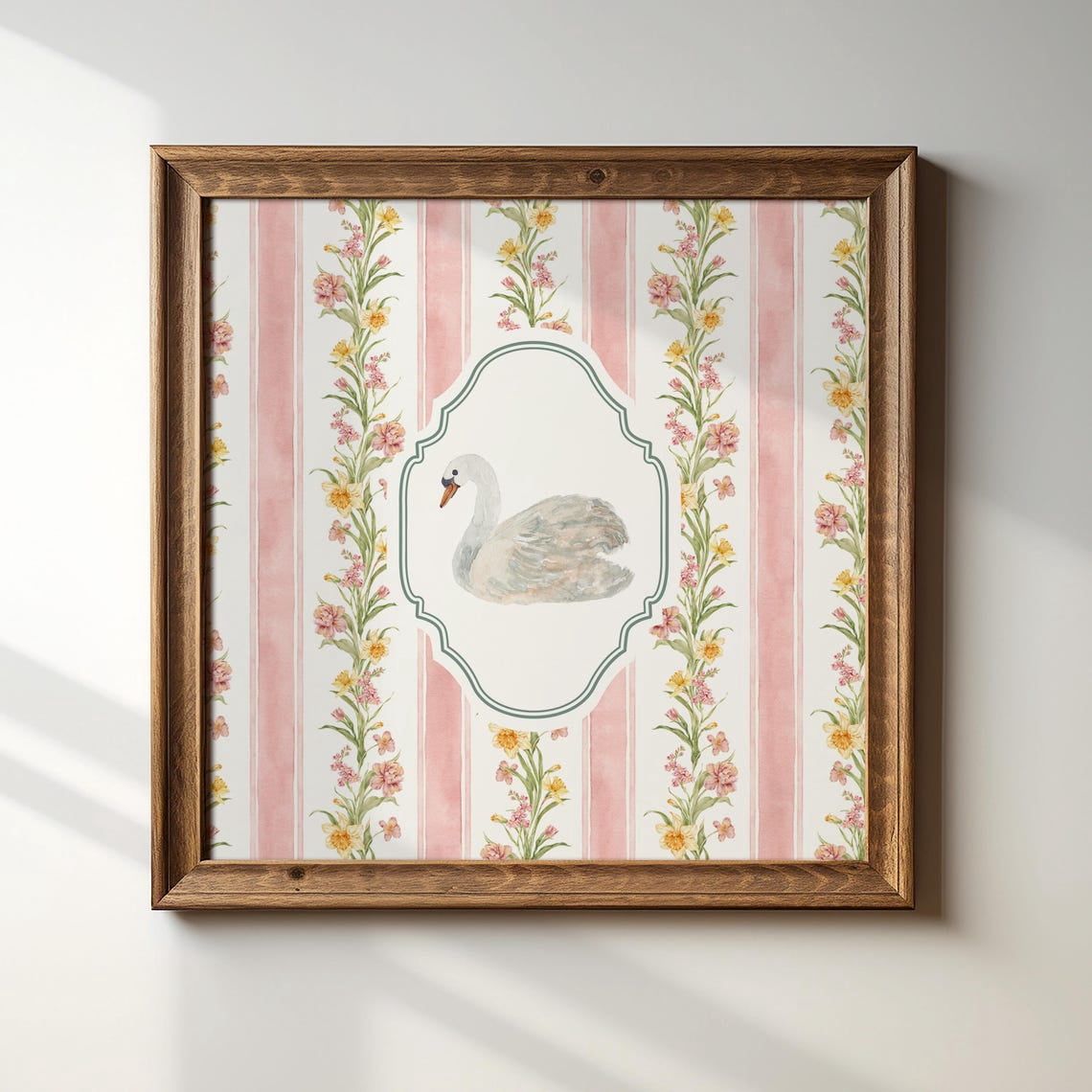 Vintage Swan Floral Wallpaper Print, Instant Wall Art, Living Room Art ...