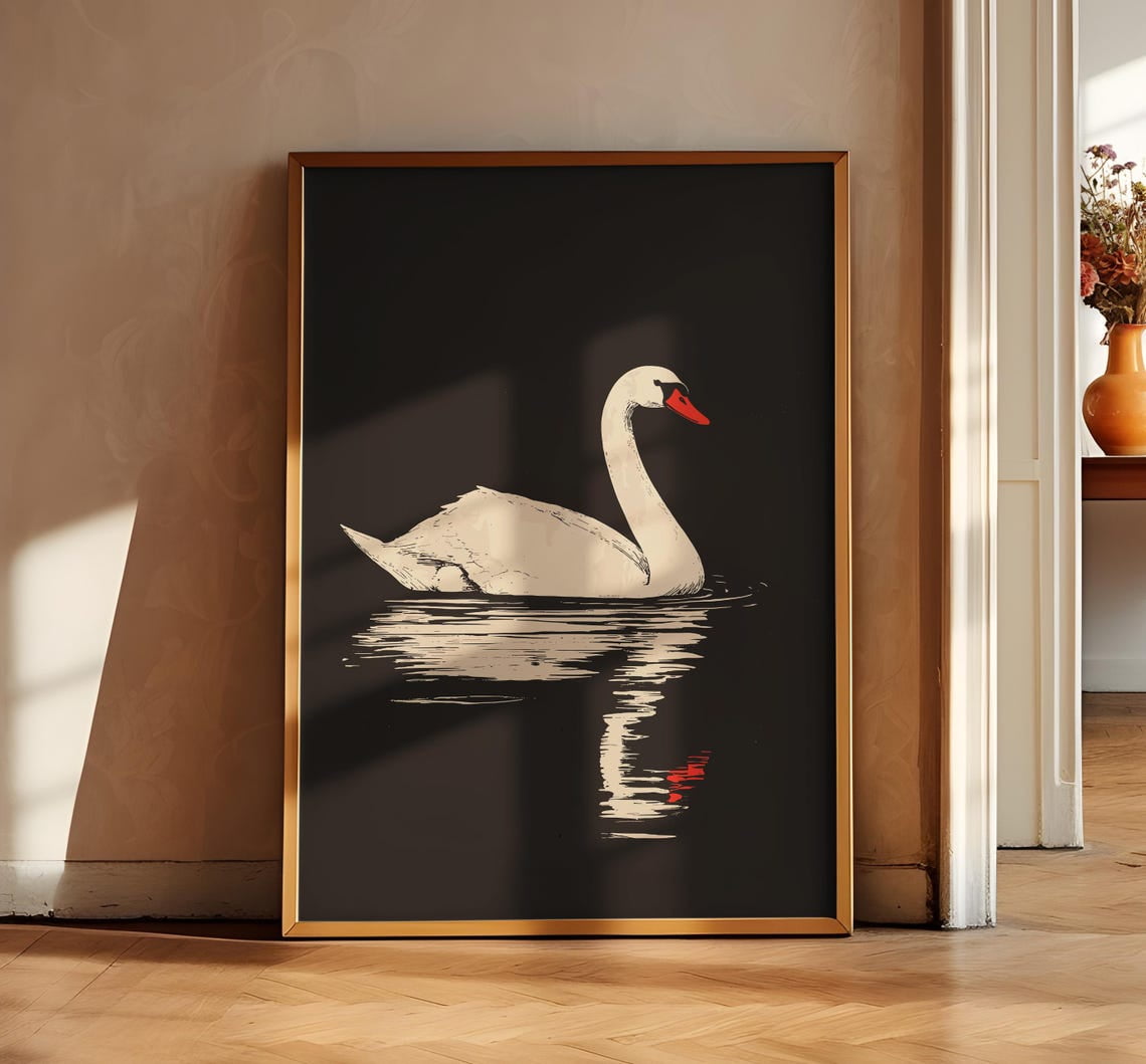 Vintage Swan Poster, Neutral Wall Art, Large Decor, Retro Swan Print, Abstract Boho Printable ...