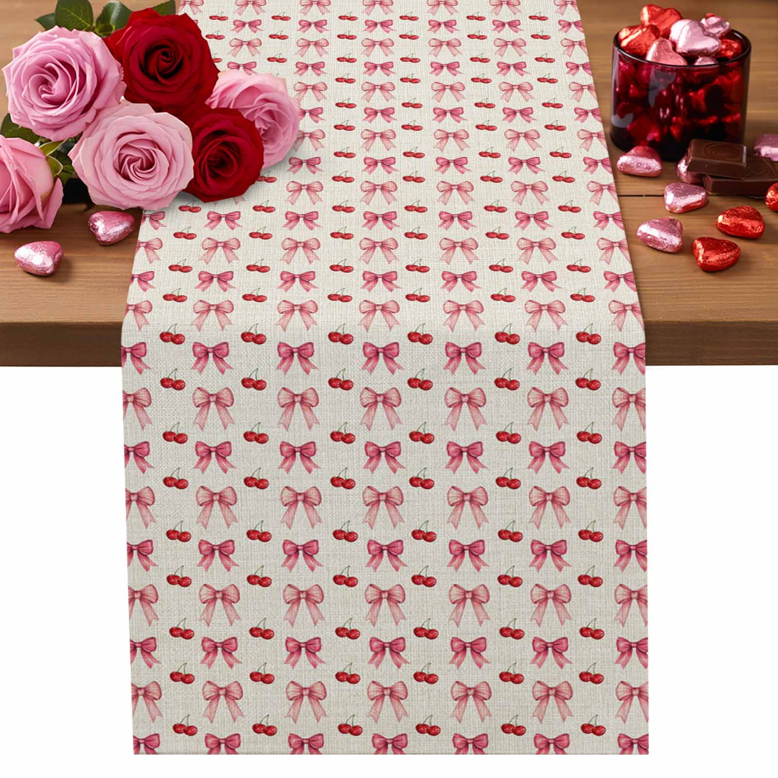 Vintage Sweet Bows Cotton Linen Table Runner Pink Bow Red Cherry Linen ...