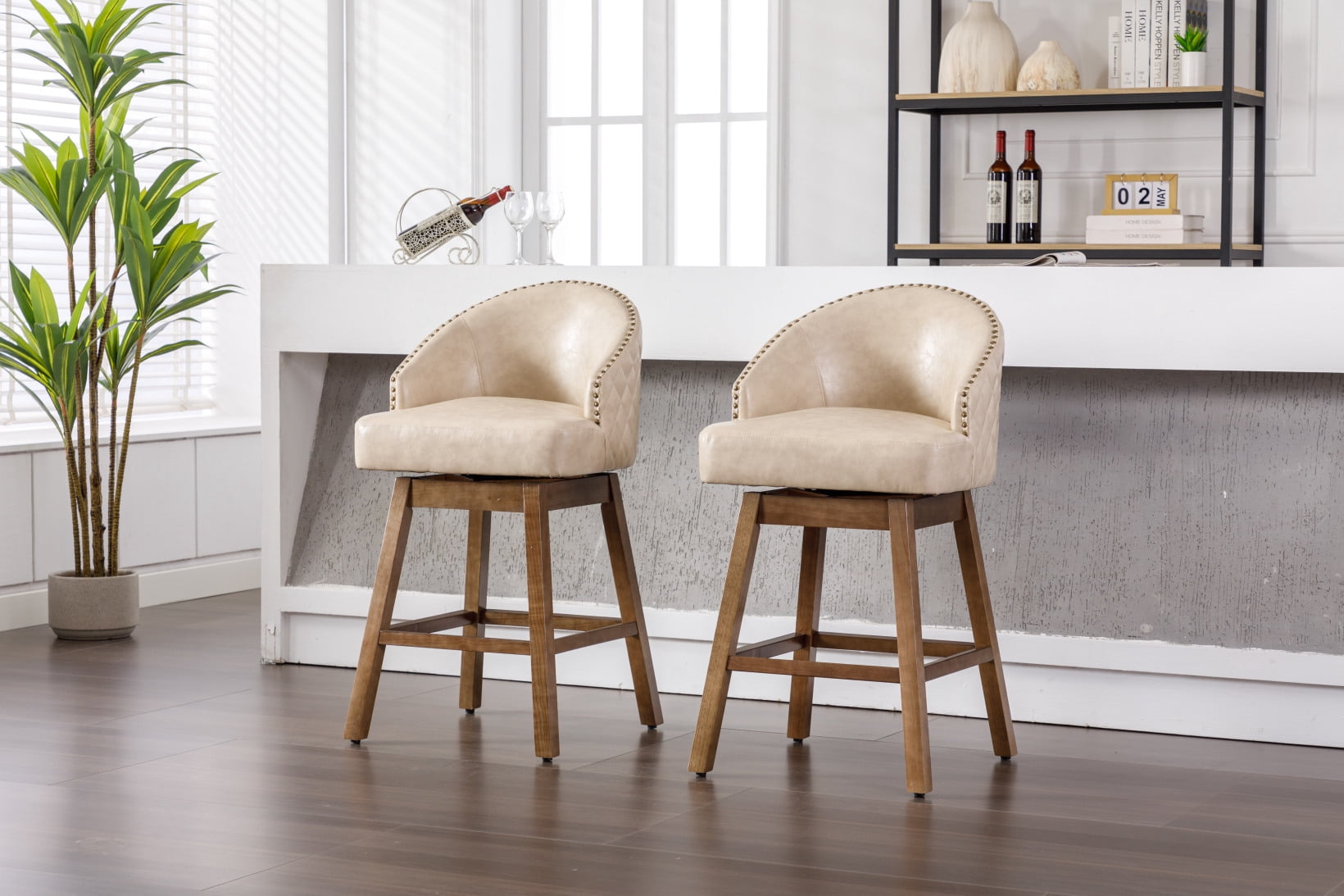Vintage Swivel Leather Bar Stools Set of 2 with Back and Upholstered ...