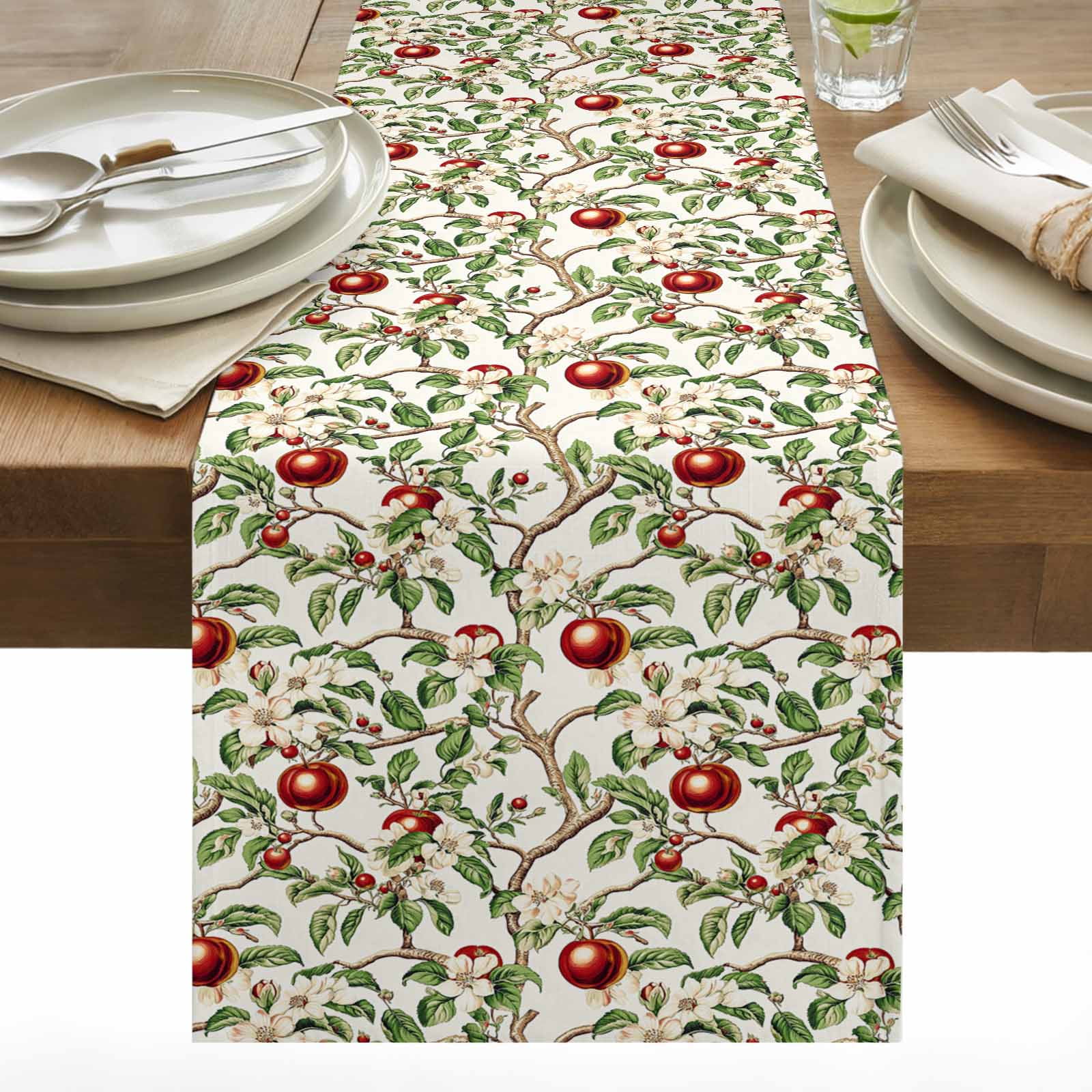 Vintage Table Runner 13x36 inch Fruit Flower Branch Texture Cotton ...