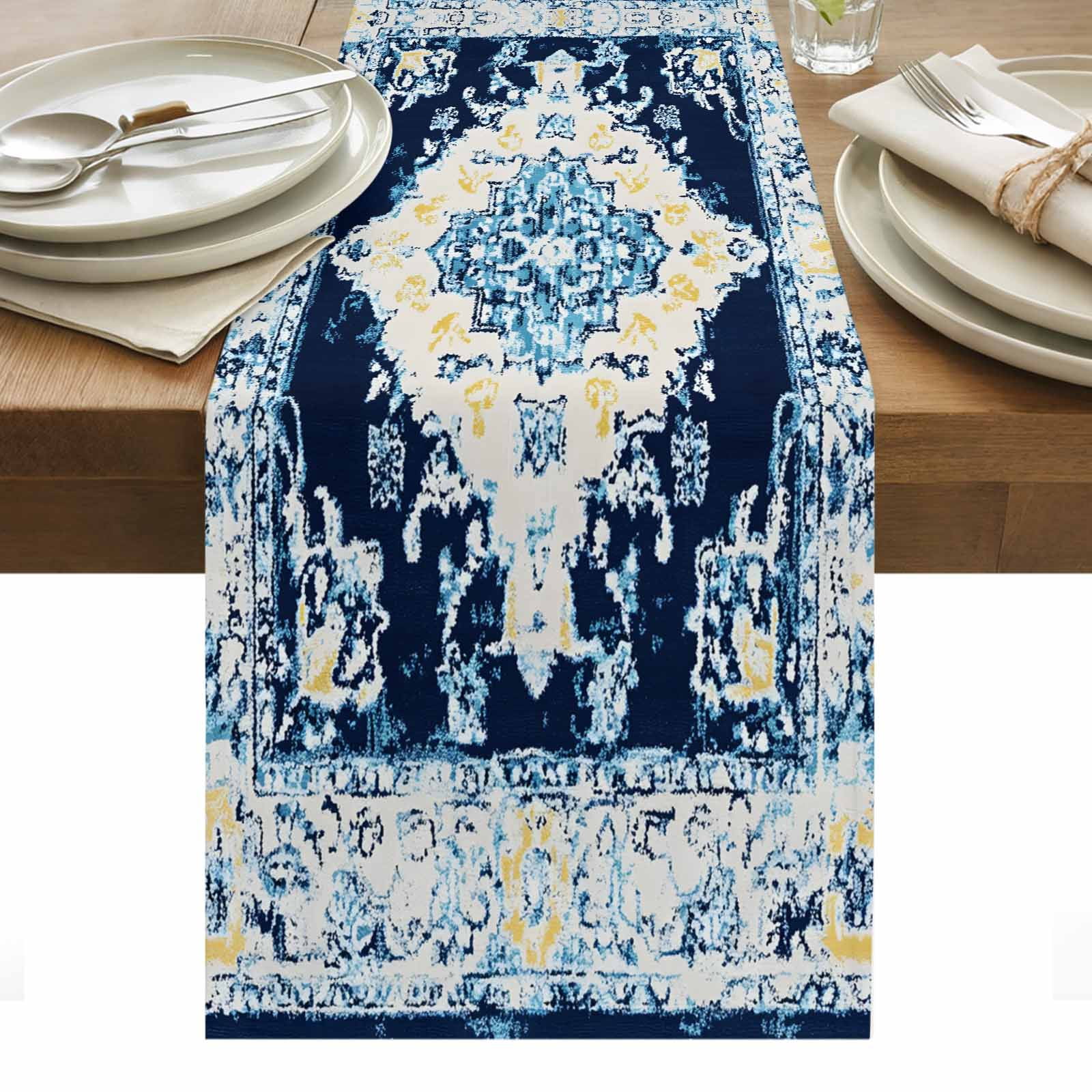 Vintage Table Runner 16 x 72 Inch, Abstract Blue Bohemian Farmhouse ...