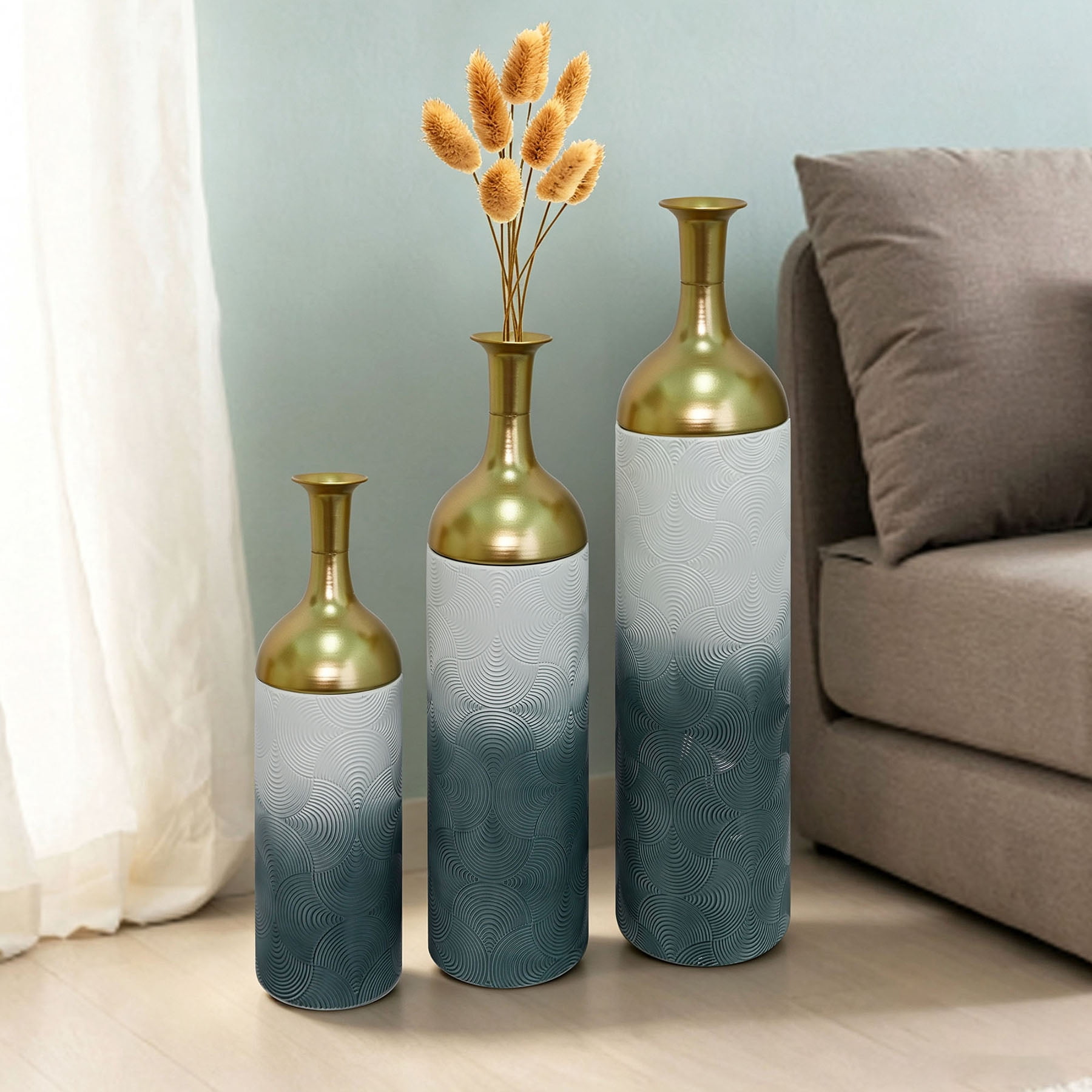 Vintage Tall Metal Floor Vase Set of 3, Gold and Grey-Green Large ...