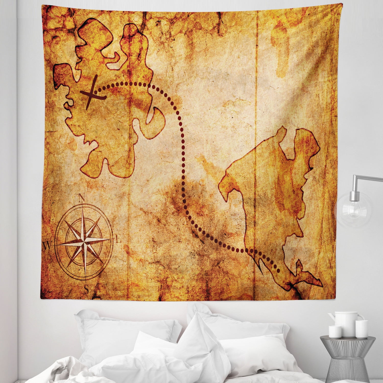 Vintage Tapestry, Bohemian Style Treasure Hunt Map with Small Compass ...