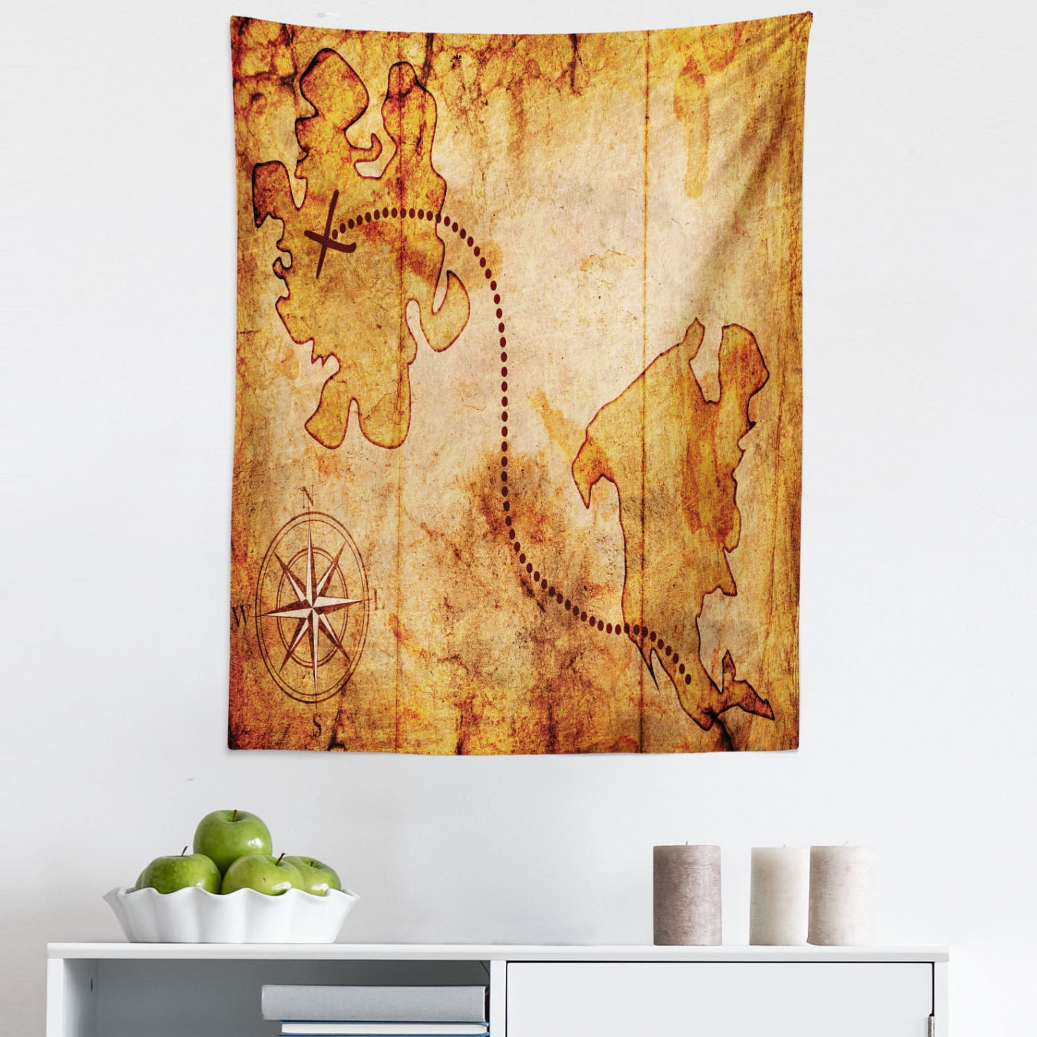 Vintage Tapestry, Bohemian Style Treasure Hunt Map with Small Compass ...