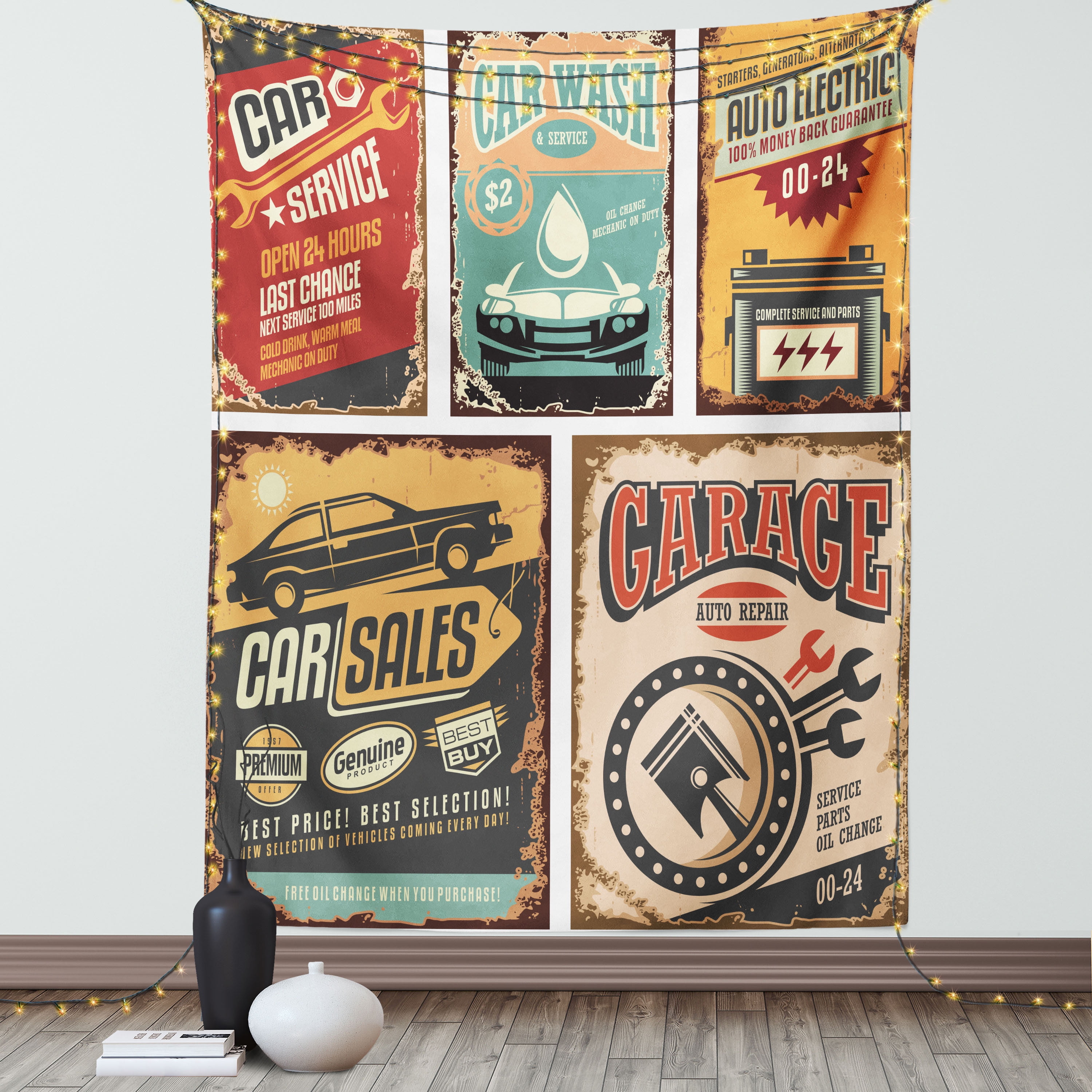 Vintage Tapestry, Nostalgic Art Auto Service Garage Funk Style Highway ...