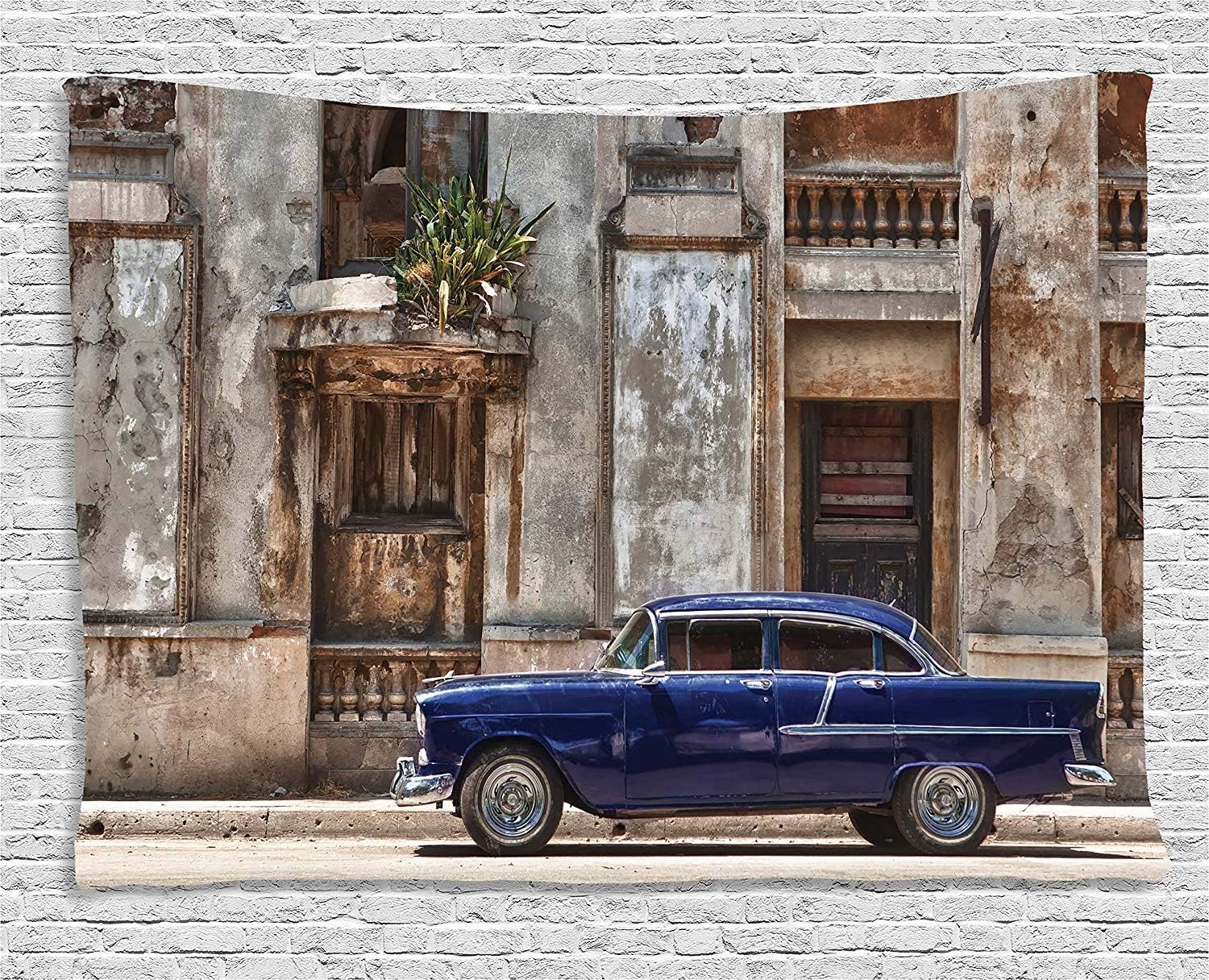 Vintage Tapestry, Old Car in Front of an Abandoned Building in Havana ...