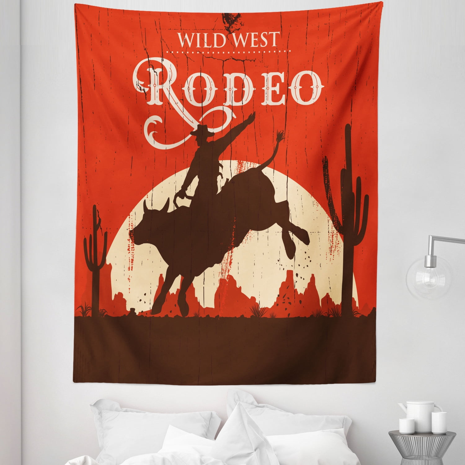 Vintage Tapestry, Rodeo Cowboy Riding Bull Wooden Old Sign Western ...
