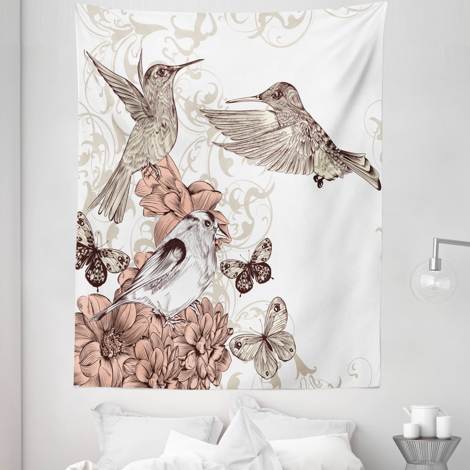 Vintage Tapestry, Vintage Style Art with Birds Butterflies on Blossoms ...