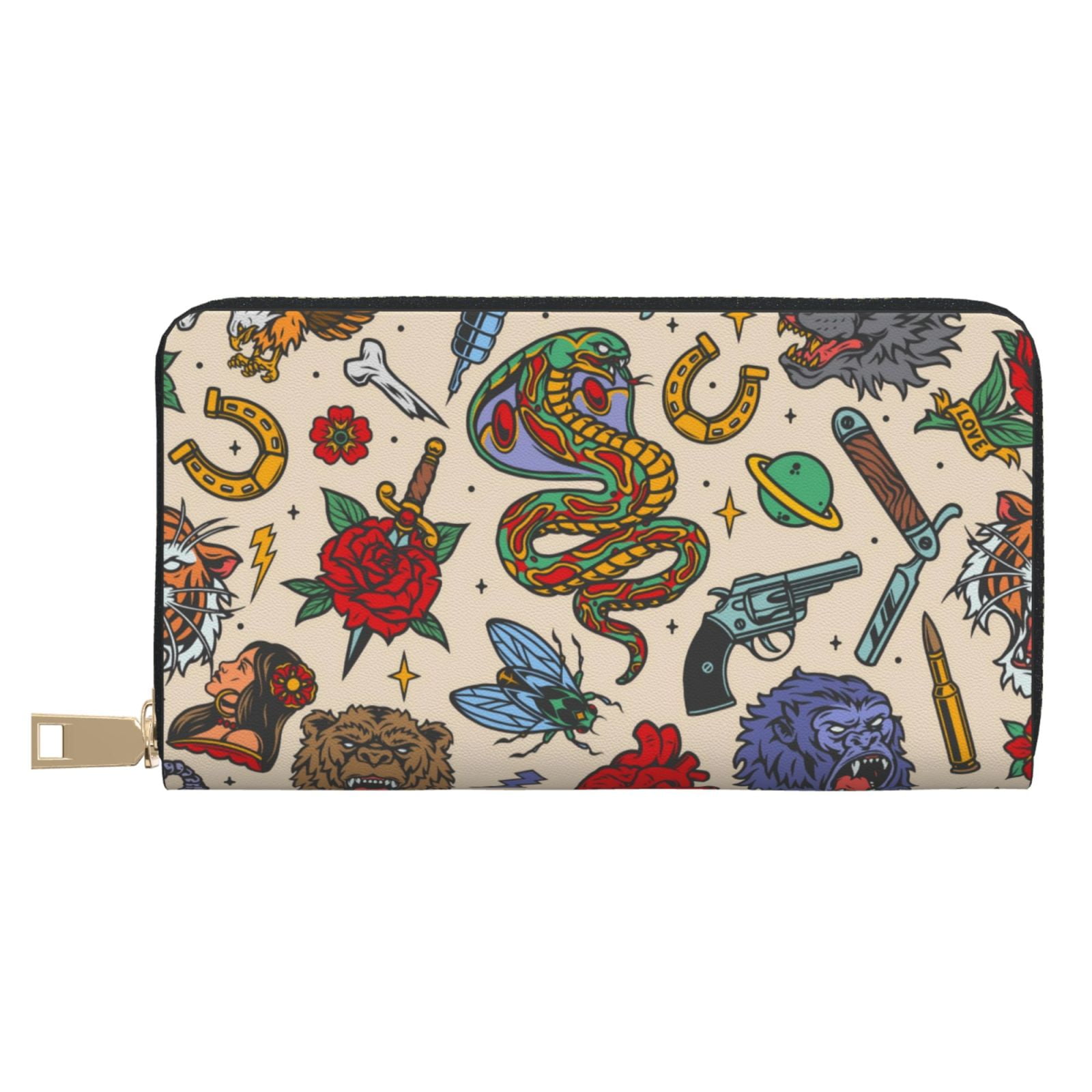 Vintage Tattoo Elements Collage Wallet Women, Leather Bifold Multi Card ...