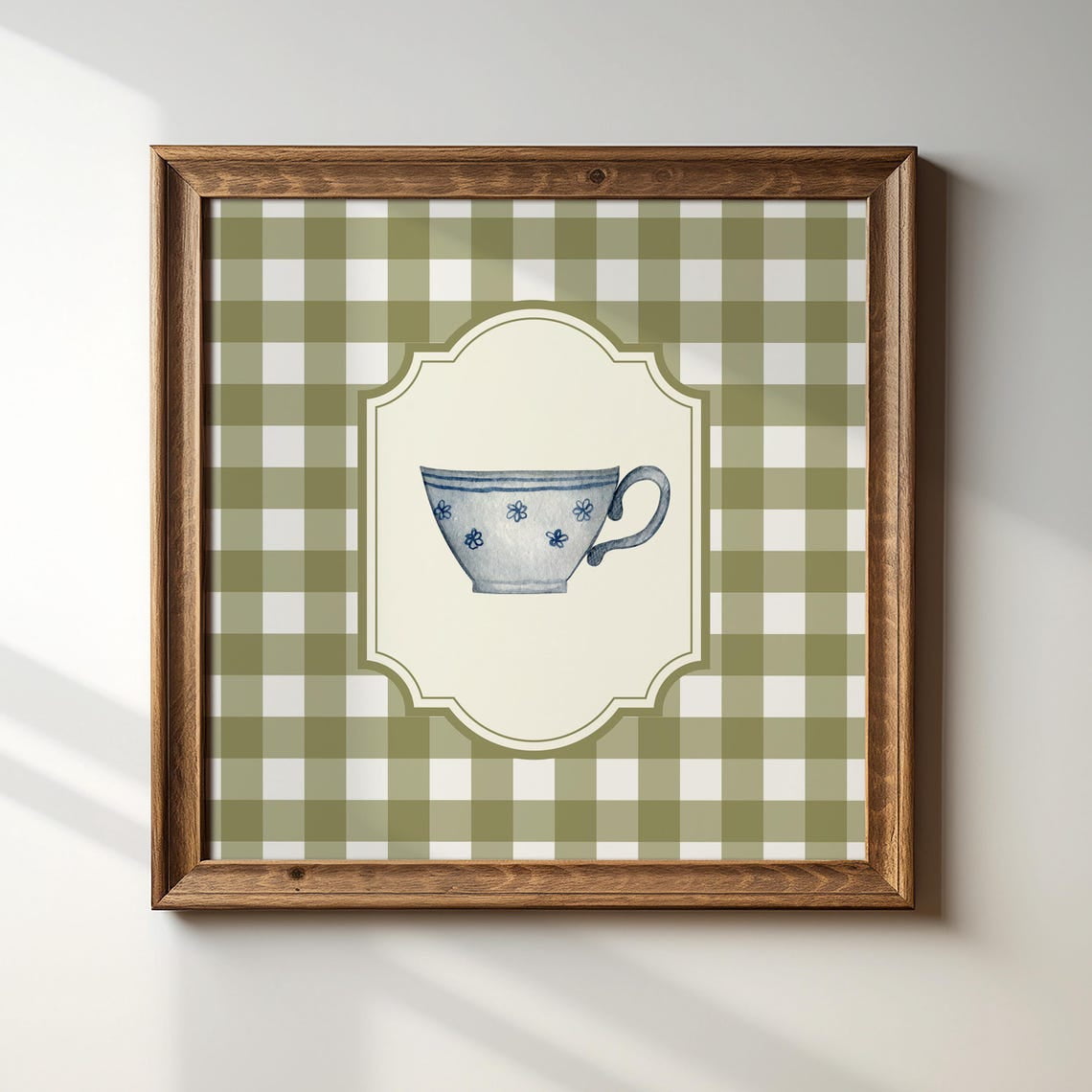 Vintage Tea Cup, Square Green Gingham Illustration Print, Art Print ...