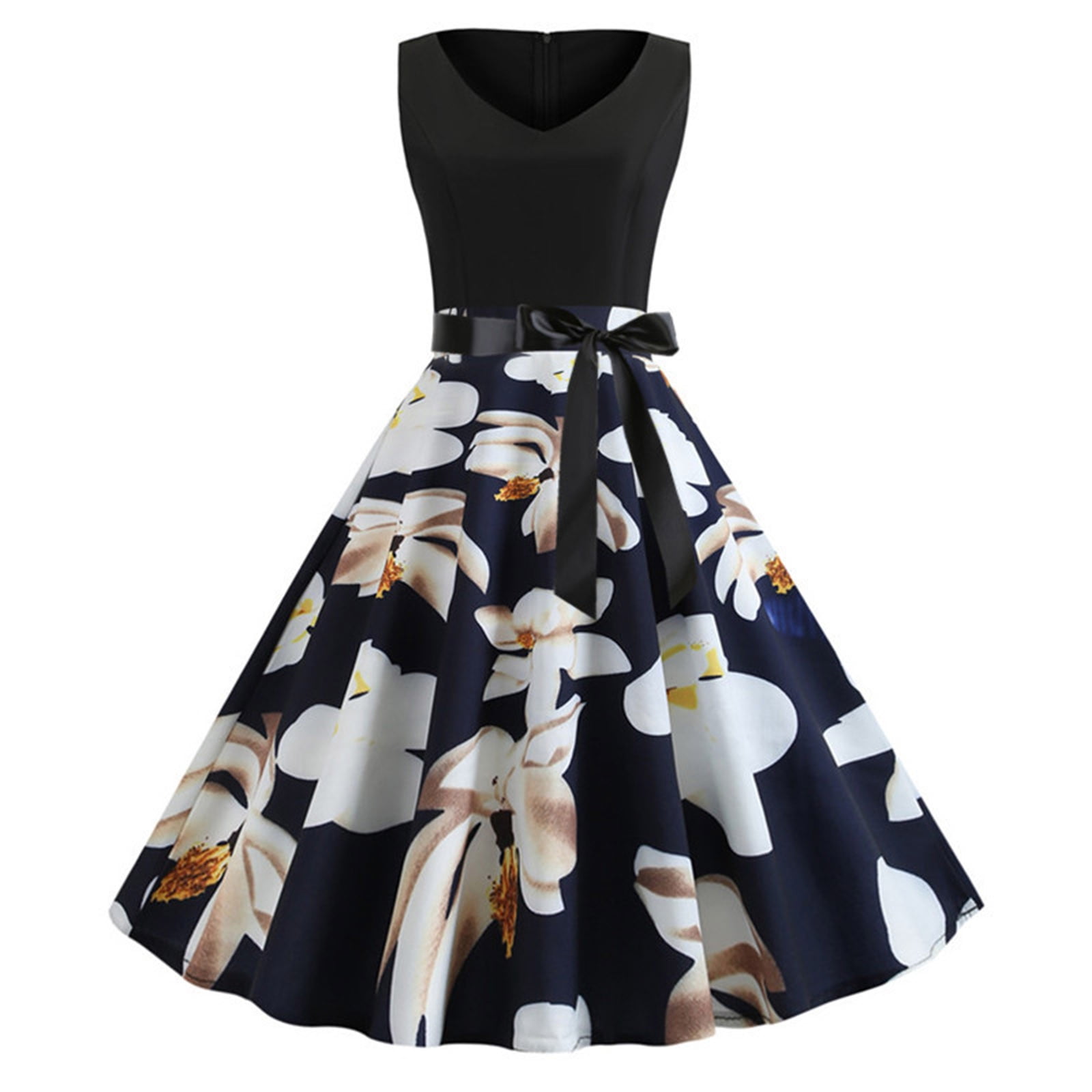 Vintage Tea Dresses for Women 1950's Floral Sleeveless V Neck Retro ...