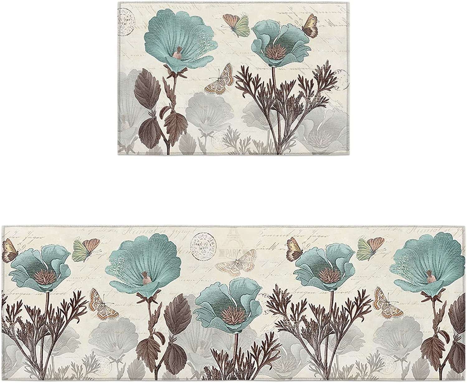 Vintage Teal Tulip Kitchen & Laundry Rugs Set of 2, Floral Farmhouse ...