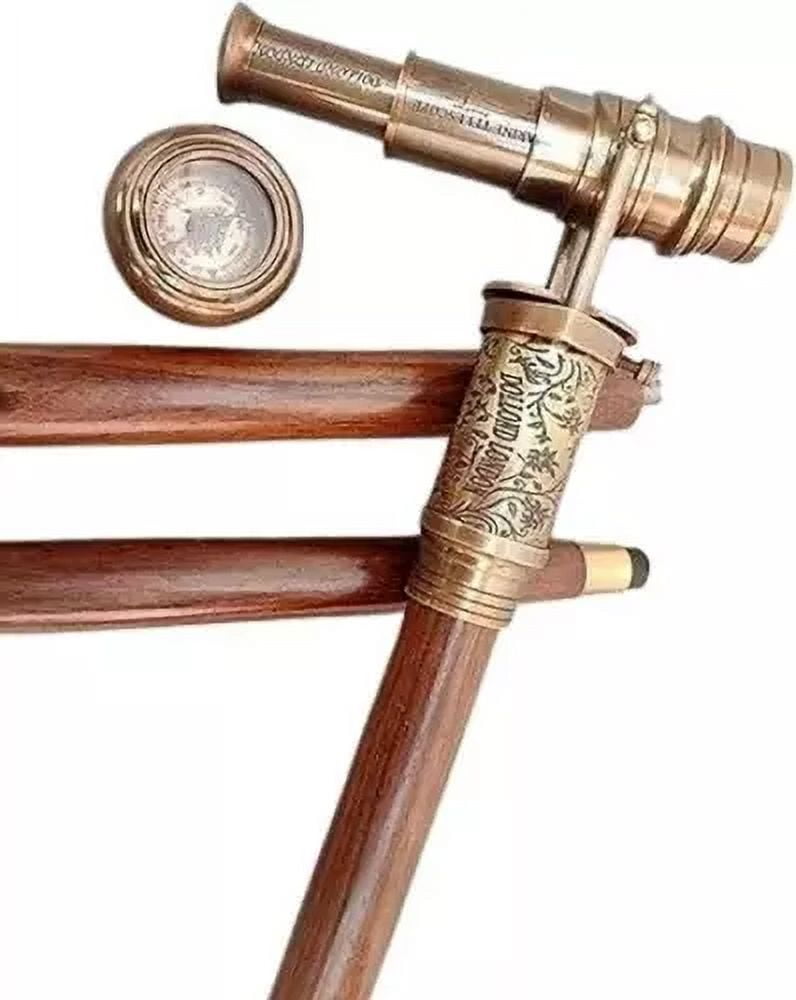 Vintage Telescope Compass Brass Handle stick wood walking stick ...