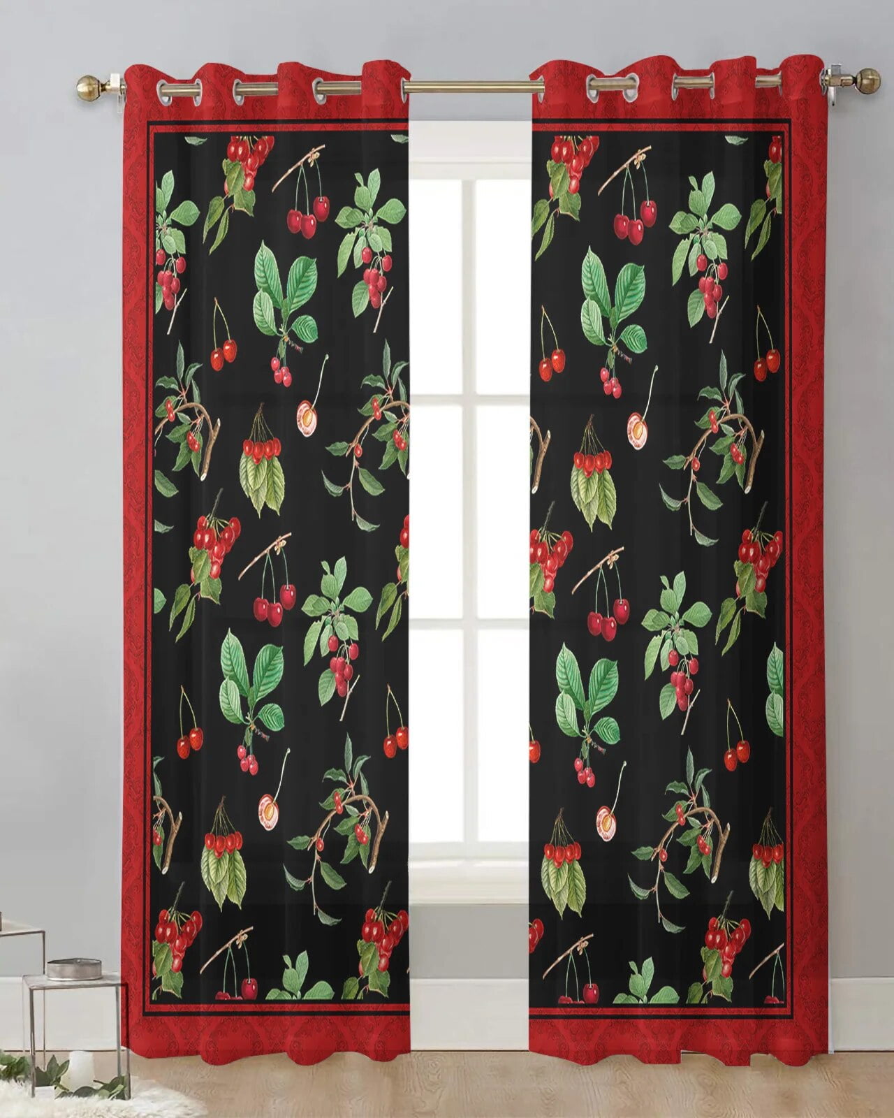 Vintage Textured Plant Fruit Cherry Voile Hanging Curtain Living Room ...