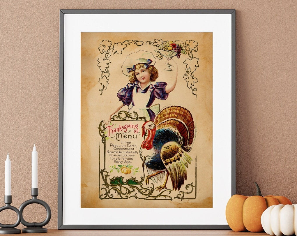 Vintage Thanksgiving Menu Illustration Art Print, Vintage Thanksgiving ...