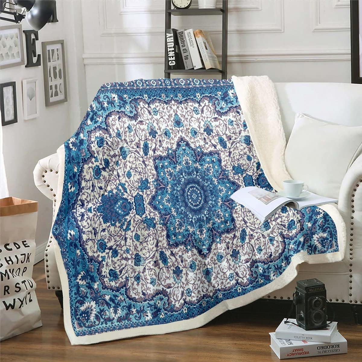 Vintage Throw Blanket for Couch Persian Fleece Blanket, Blue Oriental ...