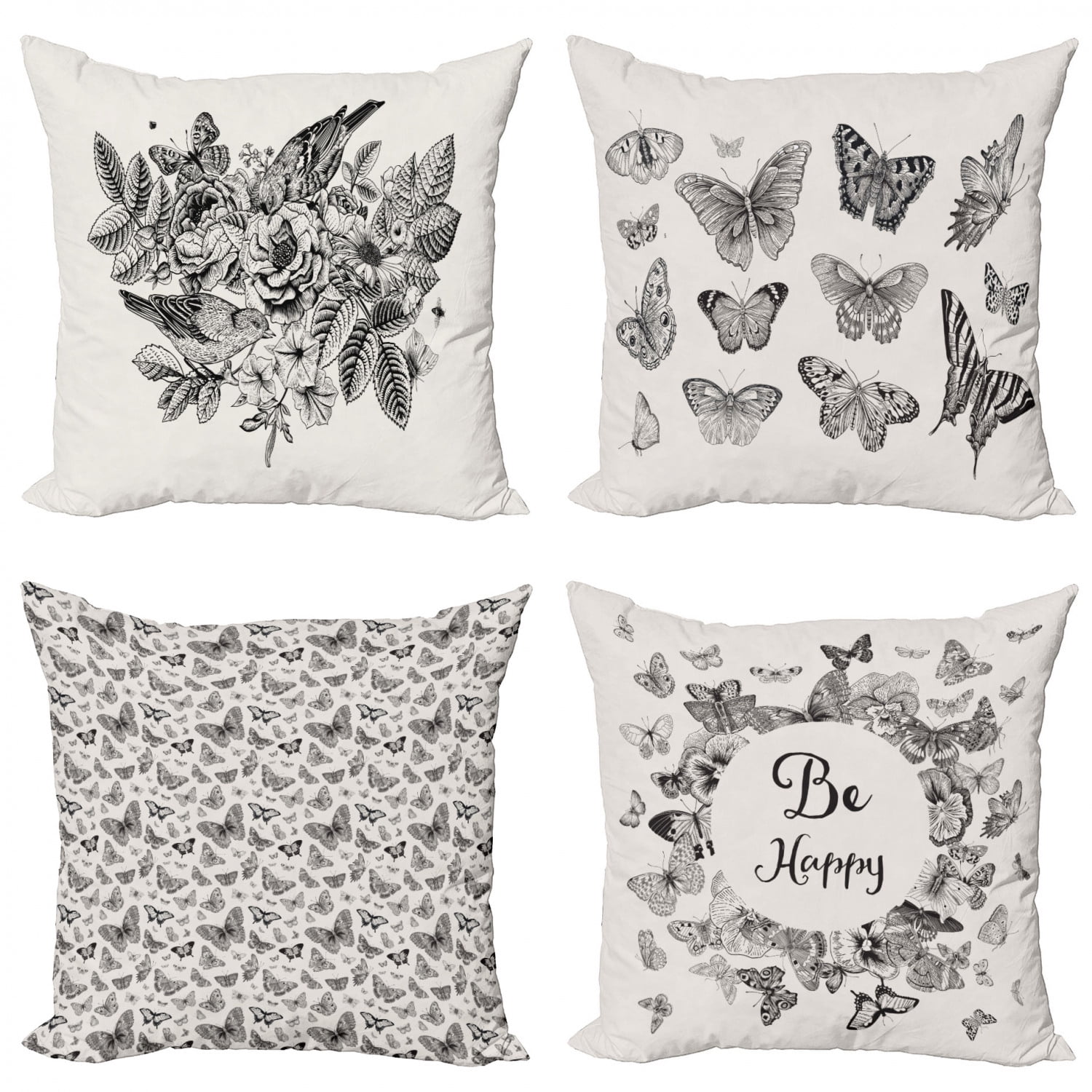 Ambesonne Vintage Throw Pillow Cover 4 Pack, Be Happy Butterfly Flowers ...