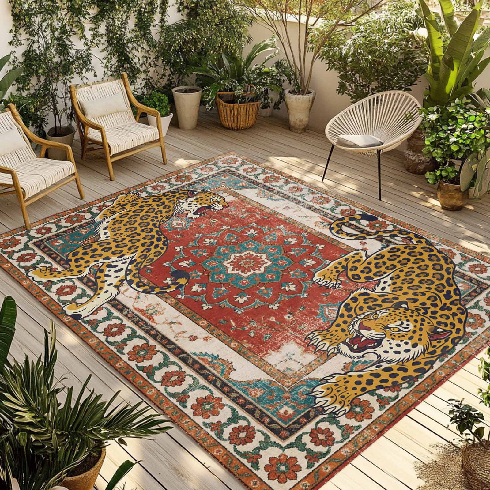 Vintage Tiger Outdoor Rug, Wild Animal Traditional Ethnic Orange Red ...