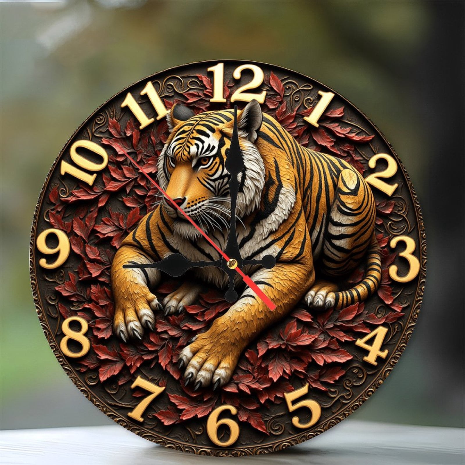 Vintage Tiger Wall Clock with Leaf Design 10-Inch Silent Wooden Wall ...