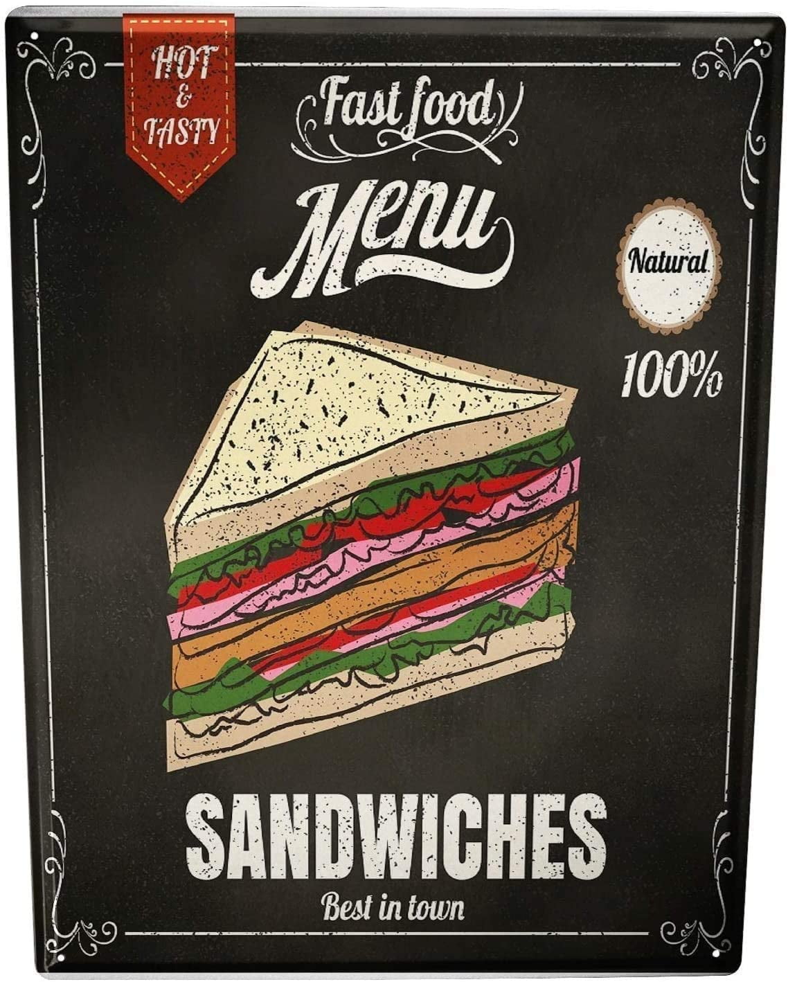 Vintage Tin Poster DeliciousHot & Fresh Natural Sandwich Fast Food Menu ...