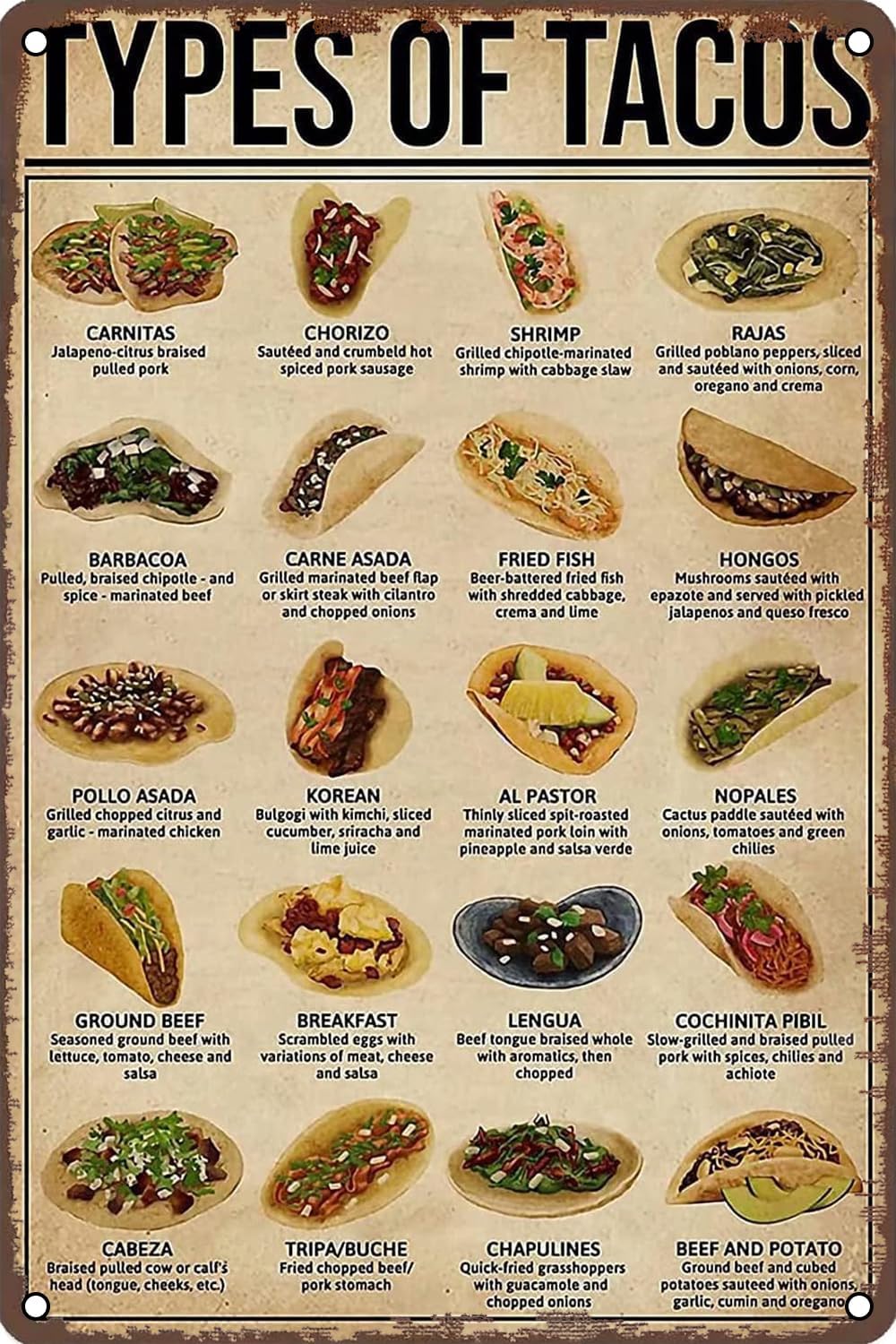 Vintage Tin Sign Types of Tacos Knowledge Metal Poster Wall Decor for ...