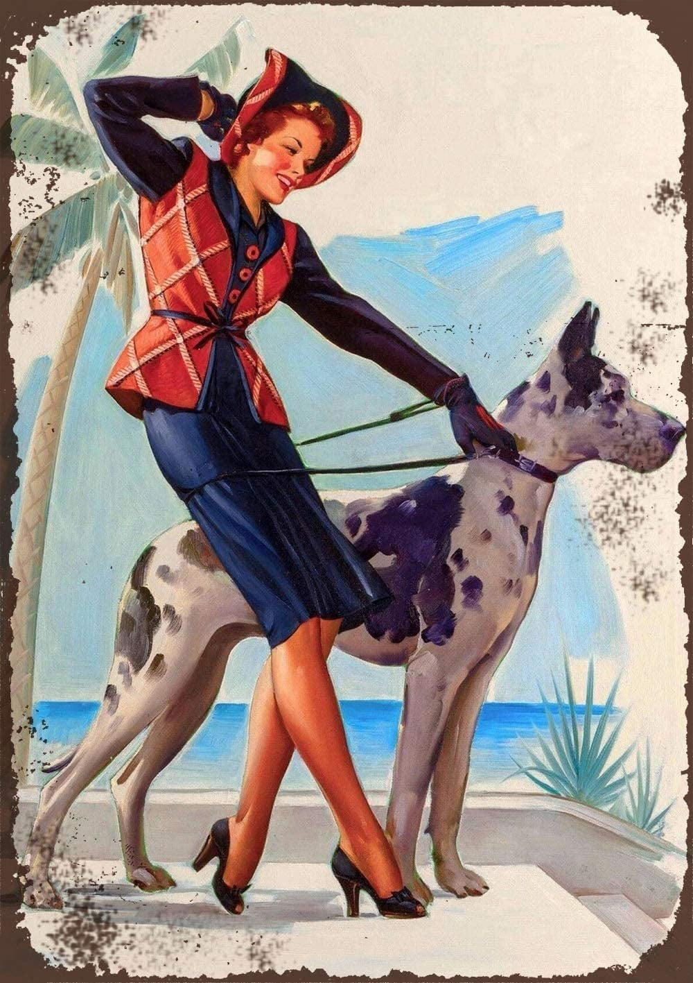 Vintage Tin Sign Walking The Great Dane Dog Pin Up Girl Wall Decoration ...