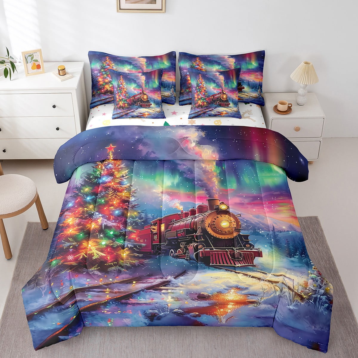 Vintage Train 7 Pieces Bedding Set Xmas Tree Rainbow Comforter Set ...