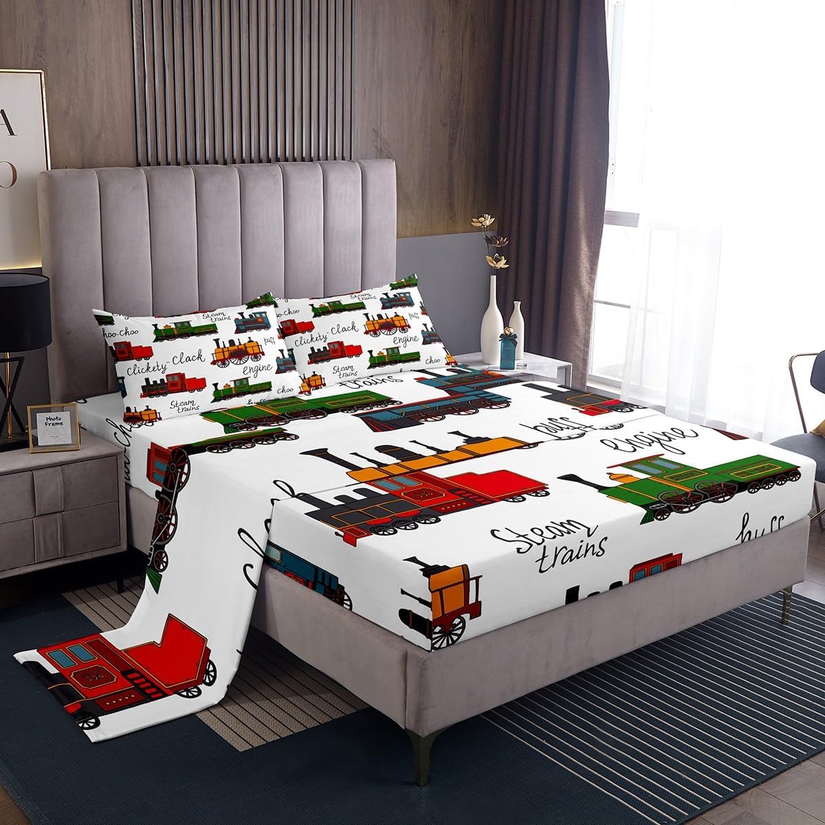 Vintage Train Bed Sheet Queen Size Cartoon Train Car Bedding Set 4Pcs ...