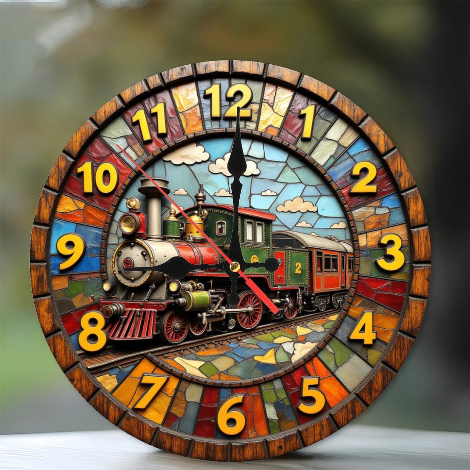 Vintage Train Clock Decor 10-Inch Silent Wooden Wall Clock, Battery ...