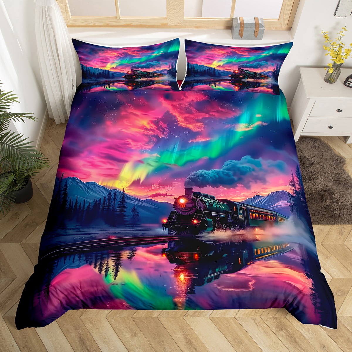 Vintage Train Comforter Cover Queen Size Colorful Starry Sky Bedding ...